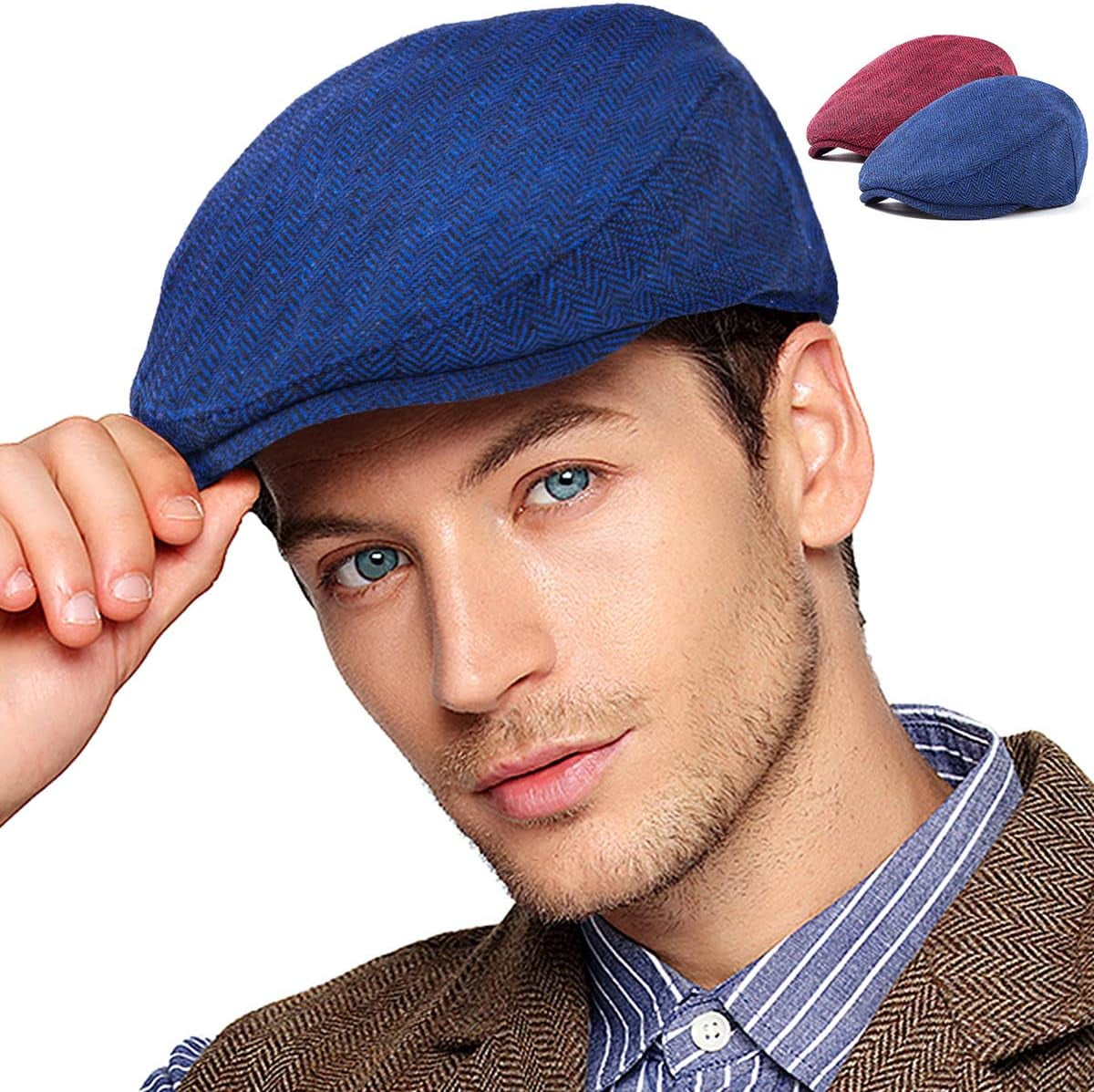 2 Pack Adjustable Newsboy Hats for Men - Flat Cap, Irish Cabbie, Tweed ...