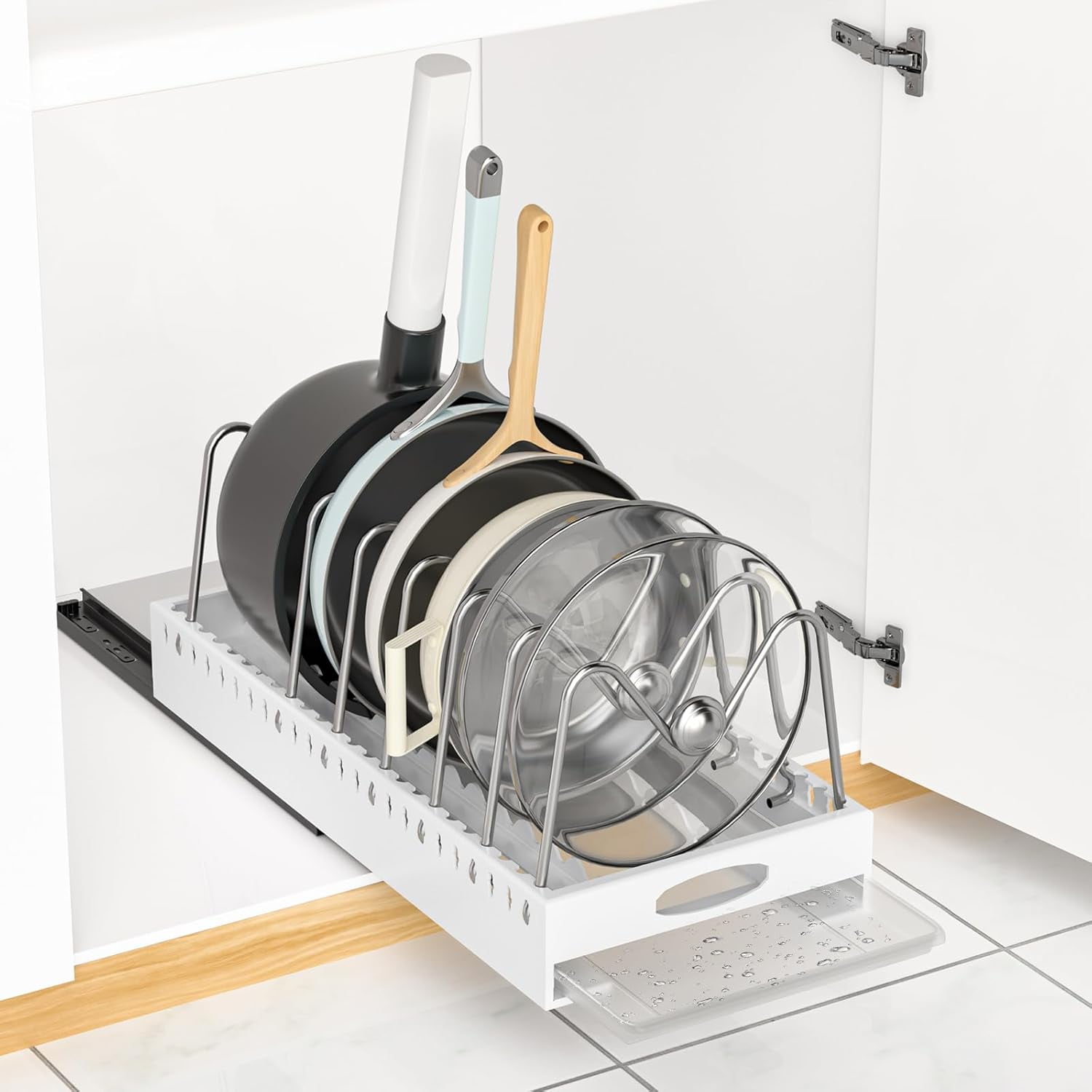 2 Pack | Adjustable Pots and Pans Organizer Under Cabinet with Drip ...