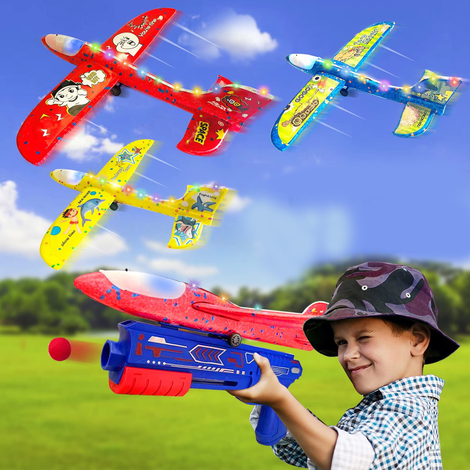 2 Pack LED Foam Airplane Toy with Launcher, 3-12 Year Old Kids Gift ...