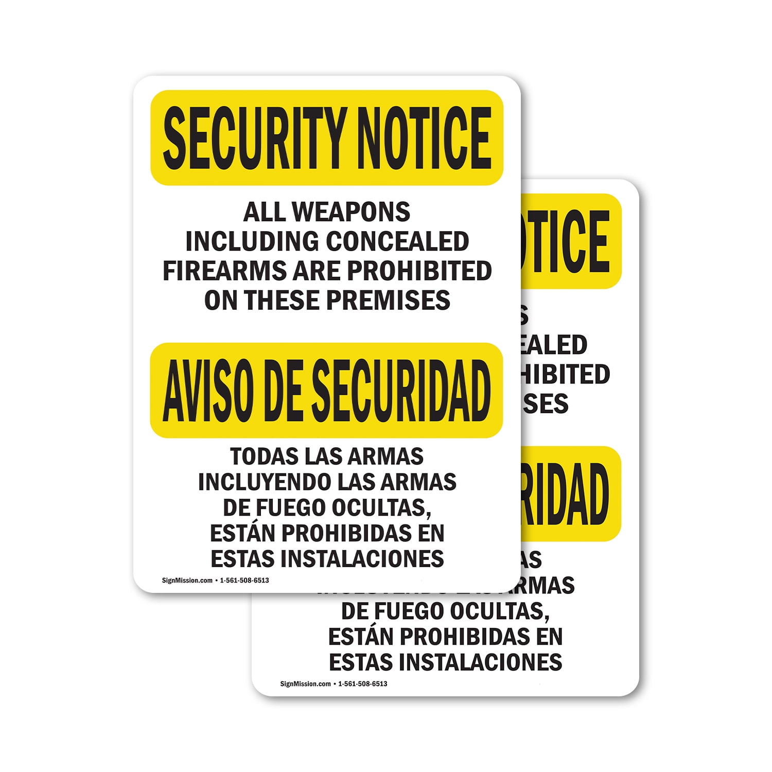 (2 Pack) All Weapons Prohibited Bilingual OSHA Security Notice Sign ...
