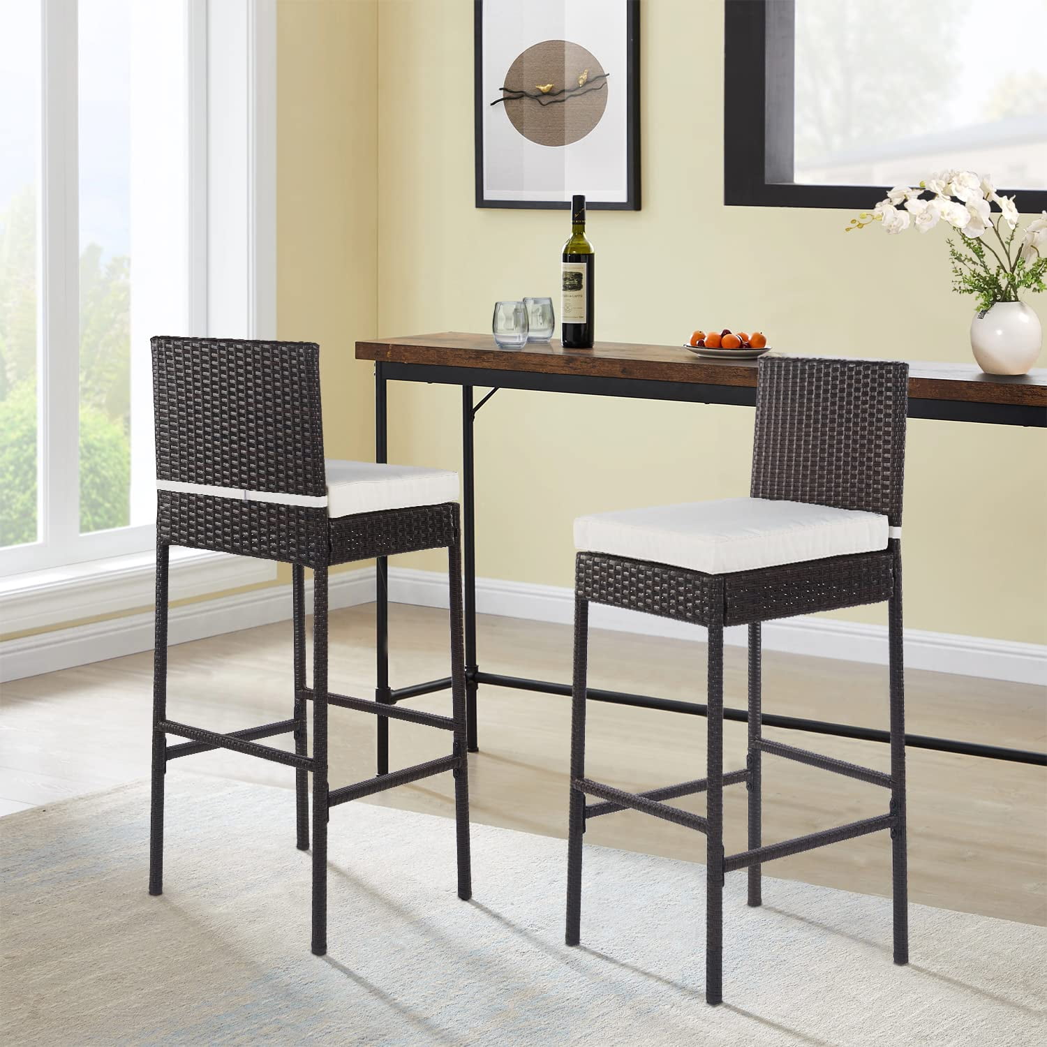 2 Pack All Weather Bar Stools, Outdoor Wicker 30" Counter Height Patio ...