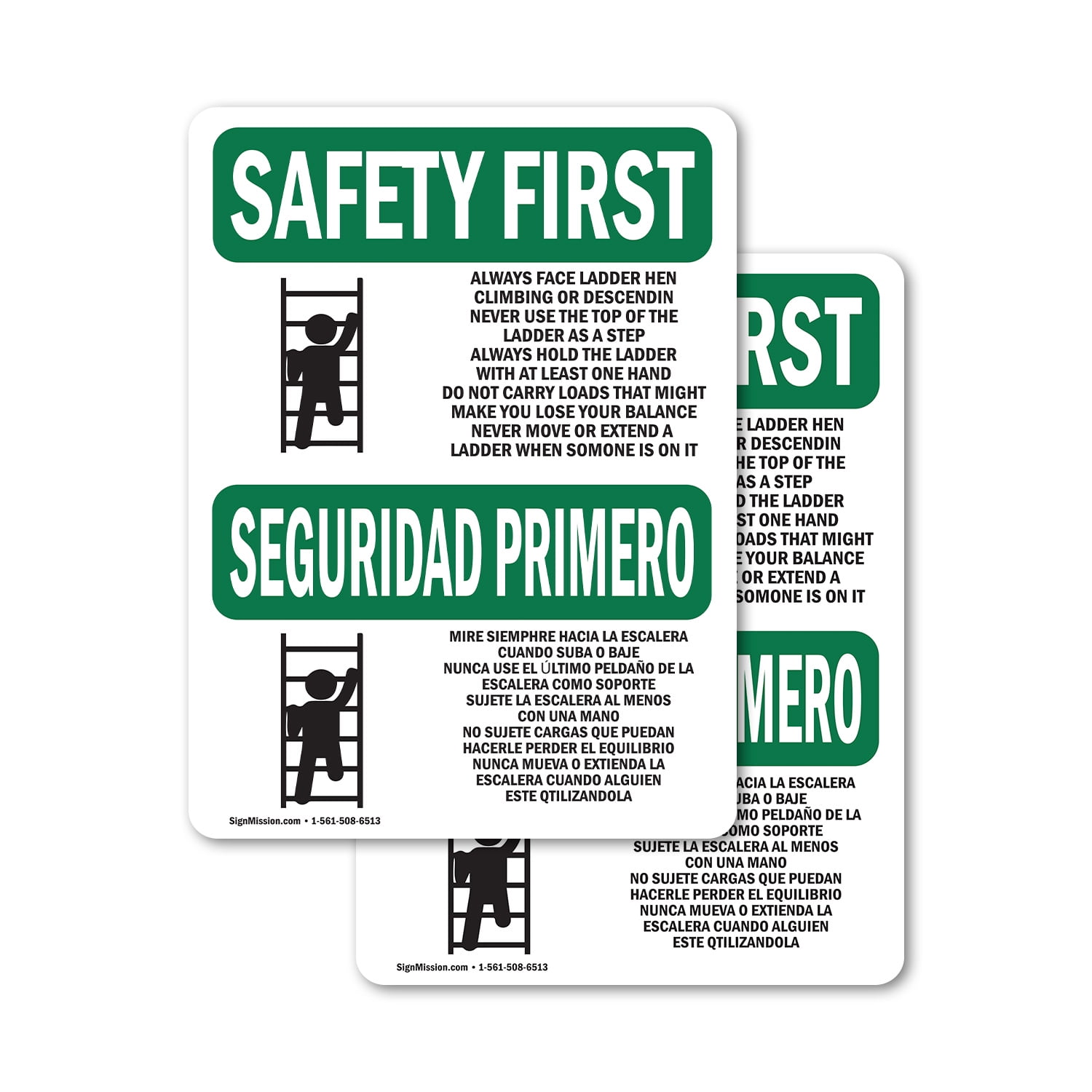 (2 Pack) Always Face Ladder Safety Bilingual OSHA Safety First Sign ...