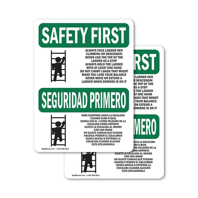 (2 Pack) Always Face Ladder Safety Bilingual OSHA Safety First Sign ...