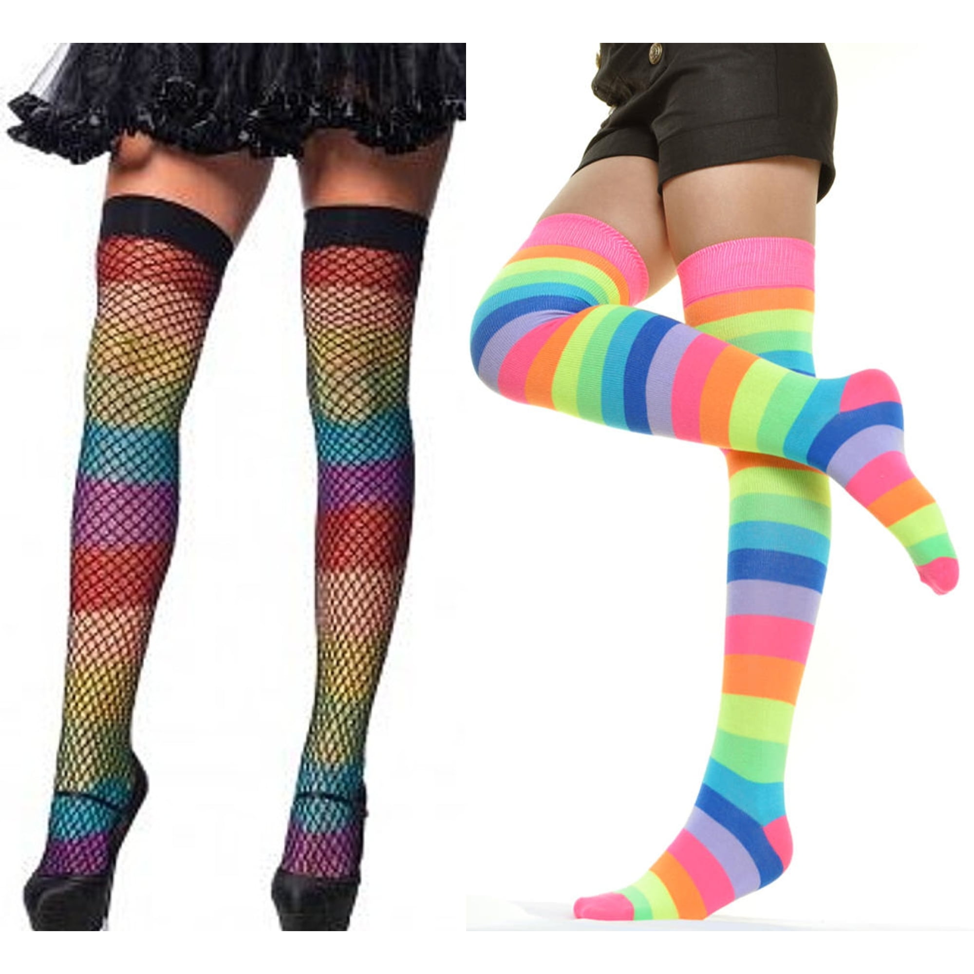 2-Pack Angelina Women's Hosiery Colorful Rainbow Thigh High Socks Stockings Bundle - OS ...