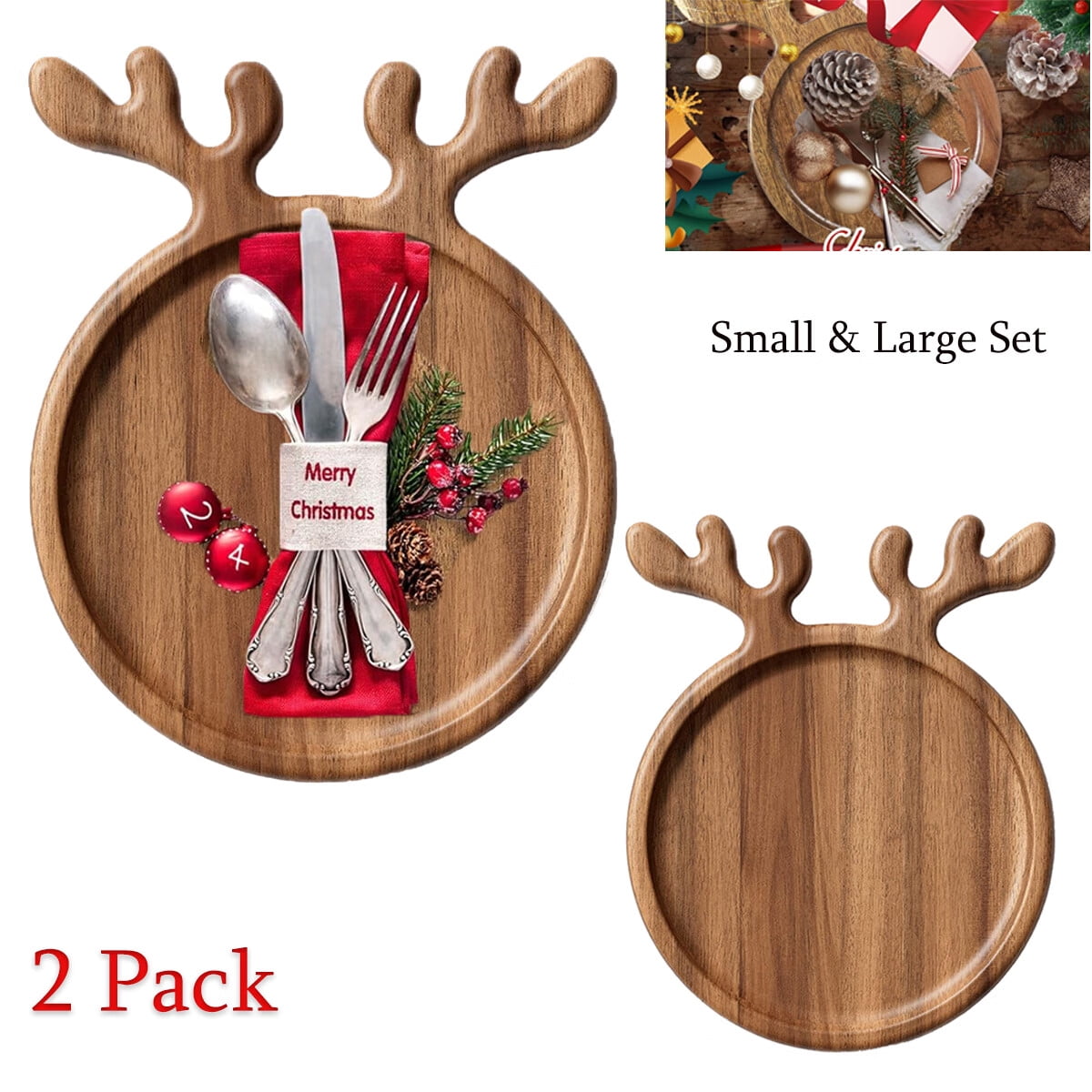2 Pack Appetizer Platter Wood Tray with Antler Handle, Christmas ...