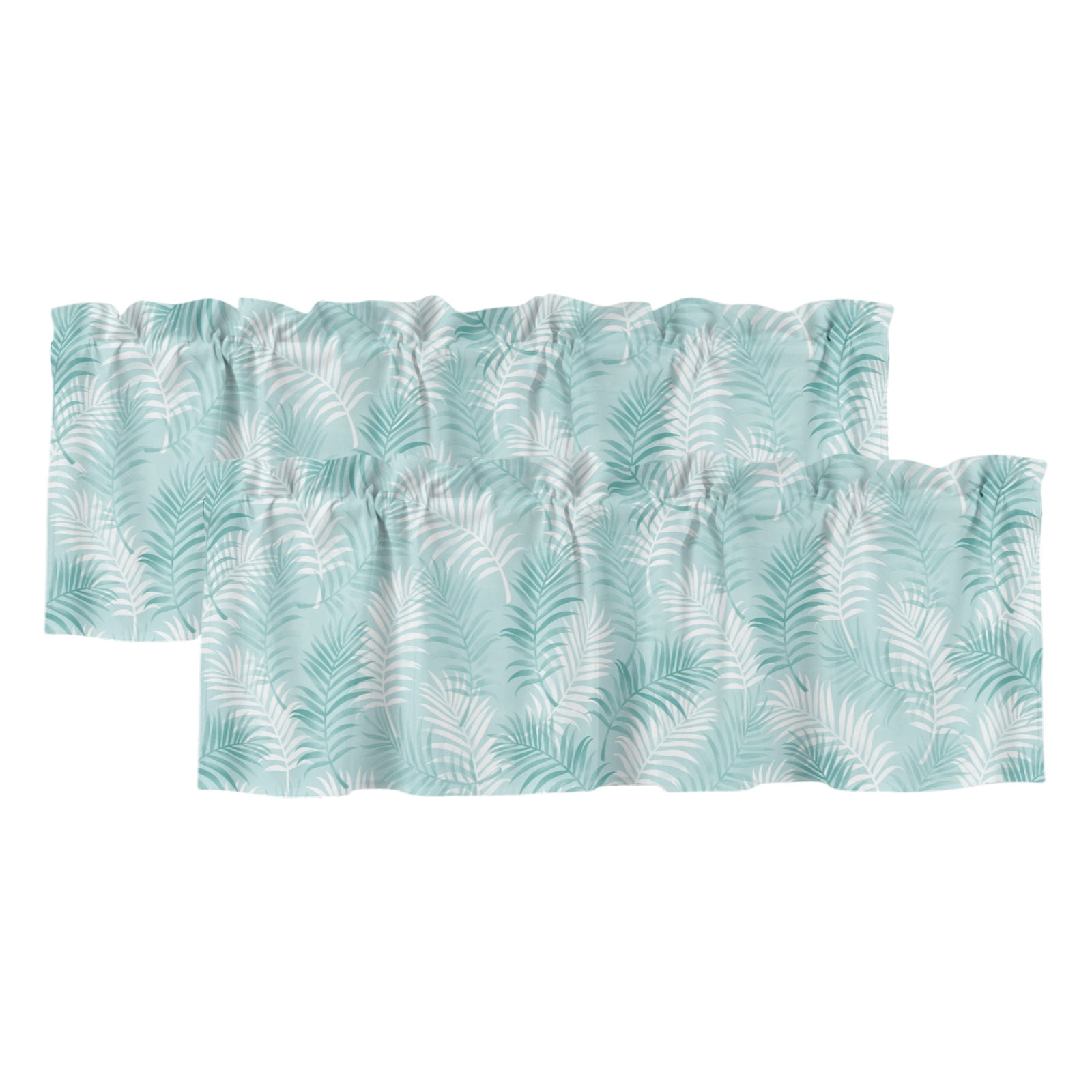 2 Pack Aqua White Palm Leaves Valance for Window Botanical Forest Ferns ...