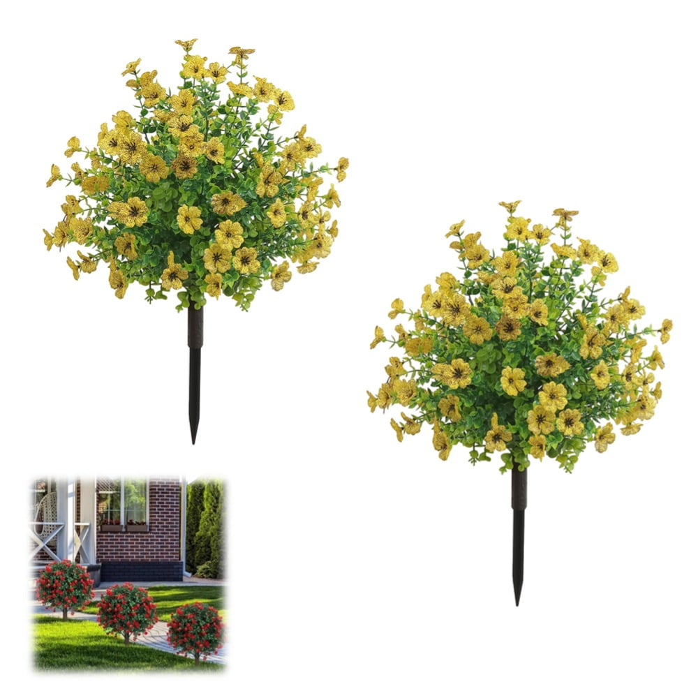 2 Pack Artificial Boxwood Topiary Ball with Yellow Flowers with Spikes ...