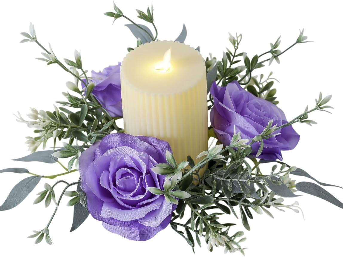 2-Pack Artificial Flower Candle Rings, Fake Rose Floral Wreaths for ...