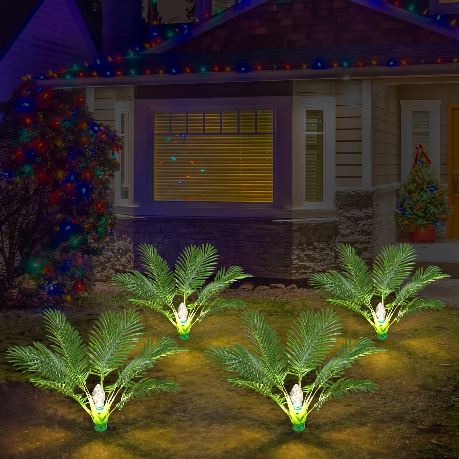 2-Pack Artificial Palm Tree Plants with Solar Lights for Outdoor Use ...
