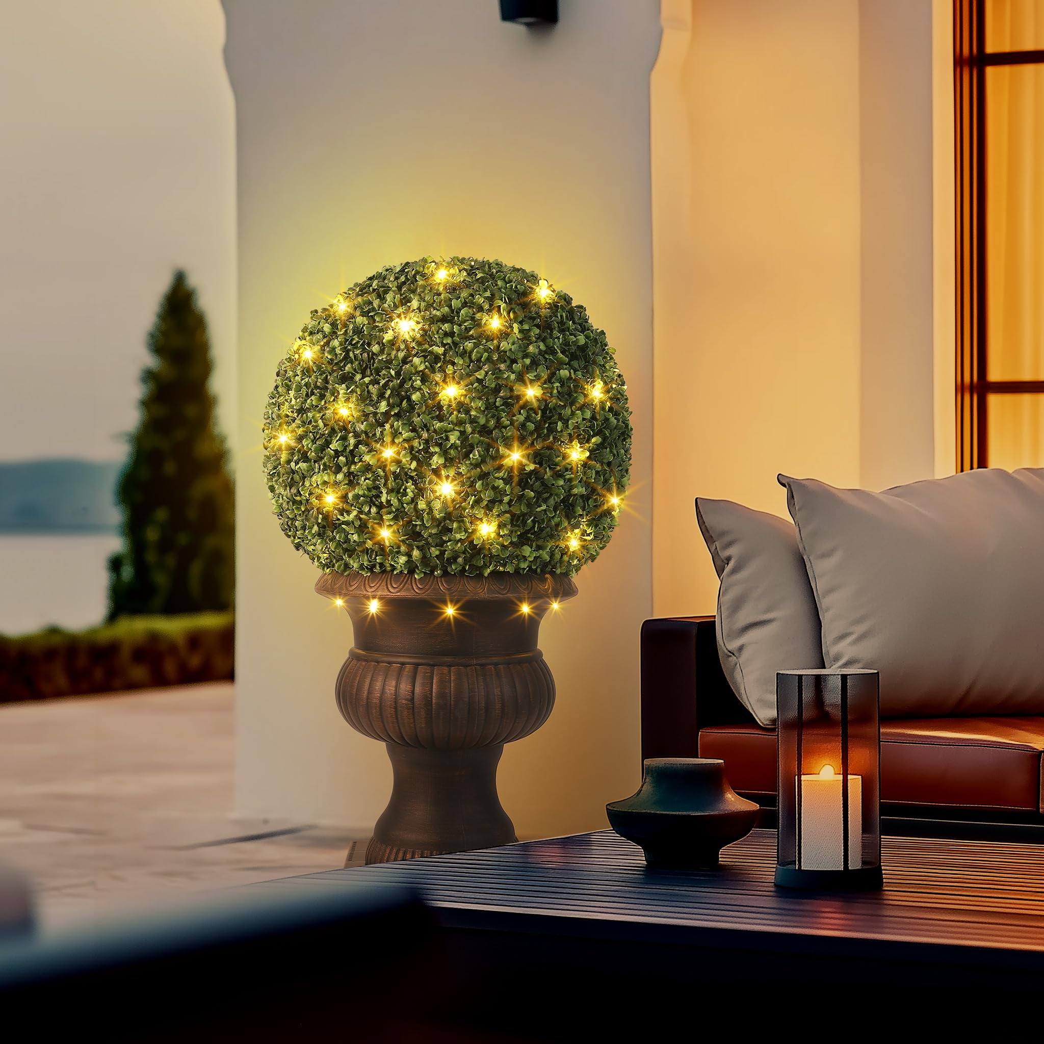 2-Pack Artificial Plant Topiary with Lights, 20" Outdoor UV Resistant ...