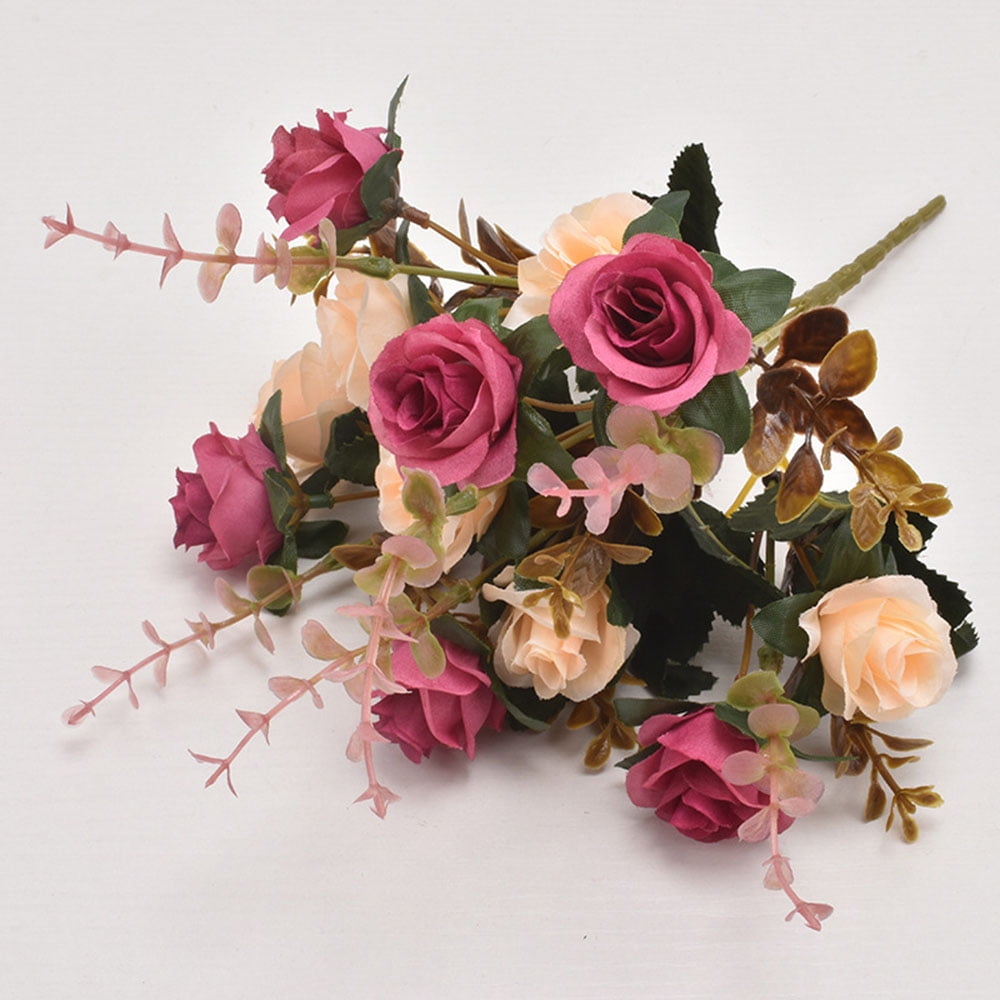 2 Pack Artificial Silk Rose Flowers Bouquets,12 Heads Faux Roses ...
