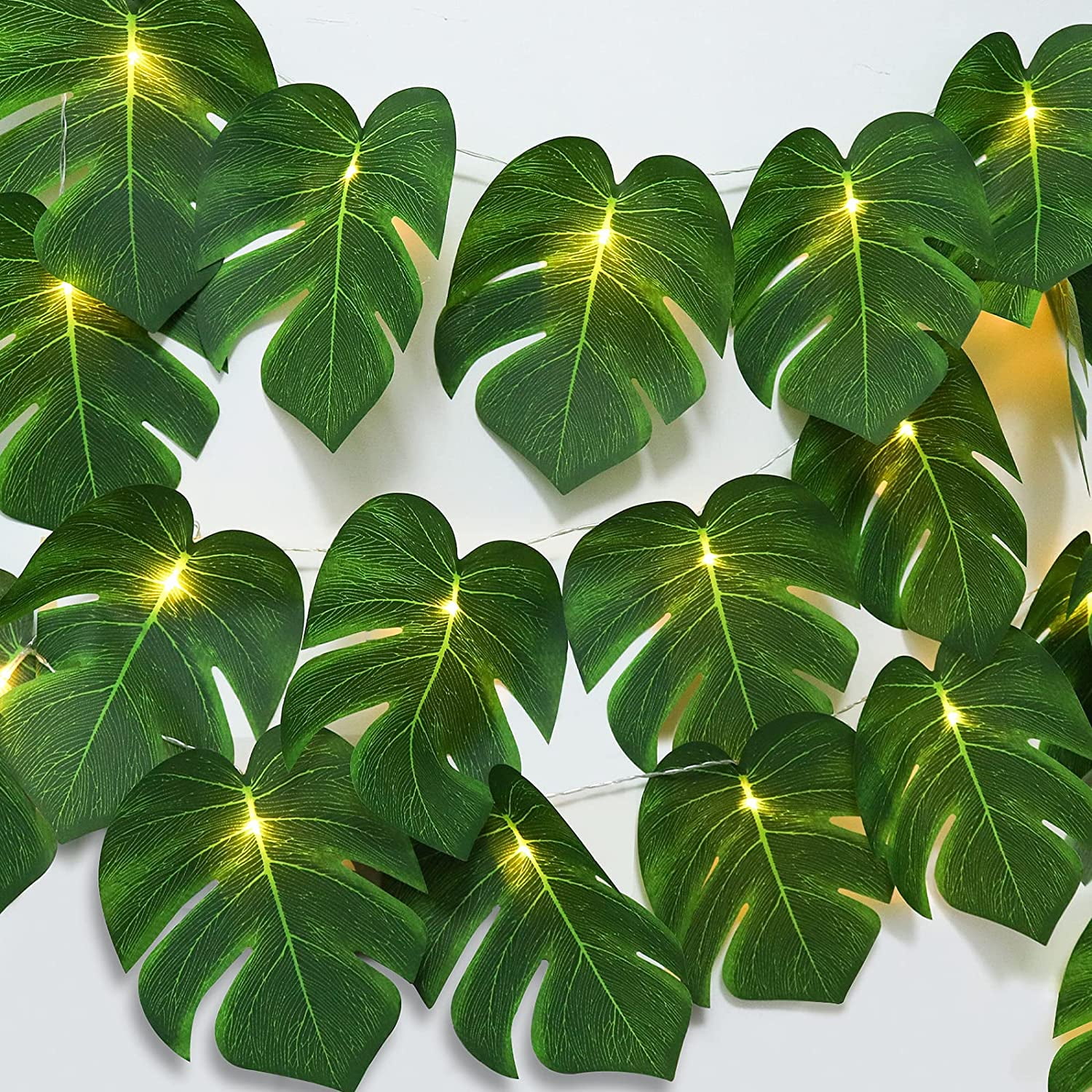 2 Pack Artificial Tropical Palm Leaves String Lights, Large Size 20 LED Monstera Green Leaf ...