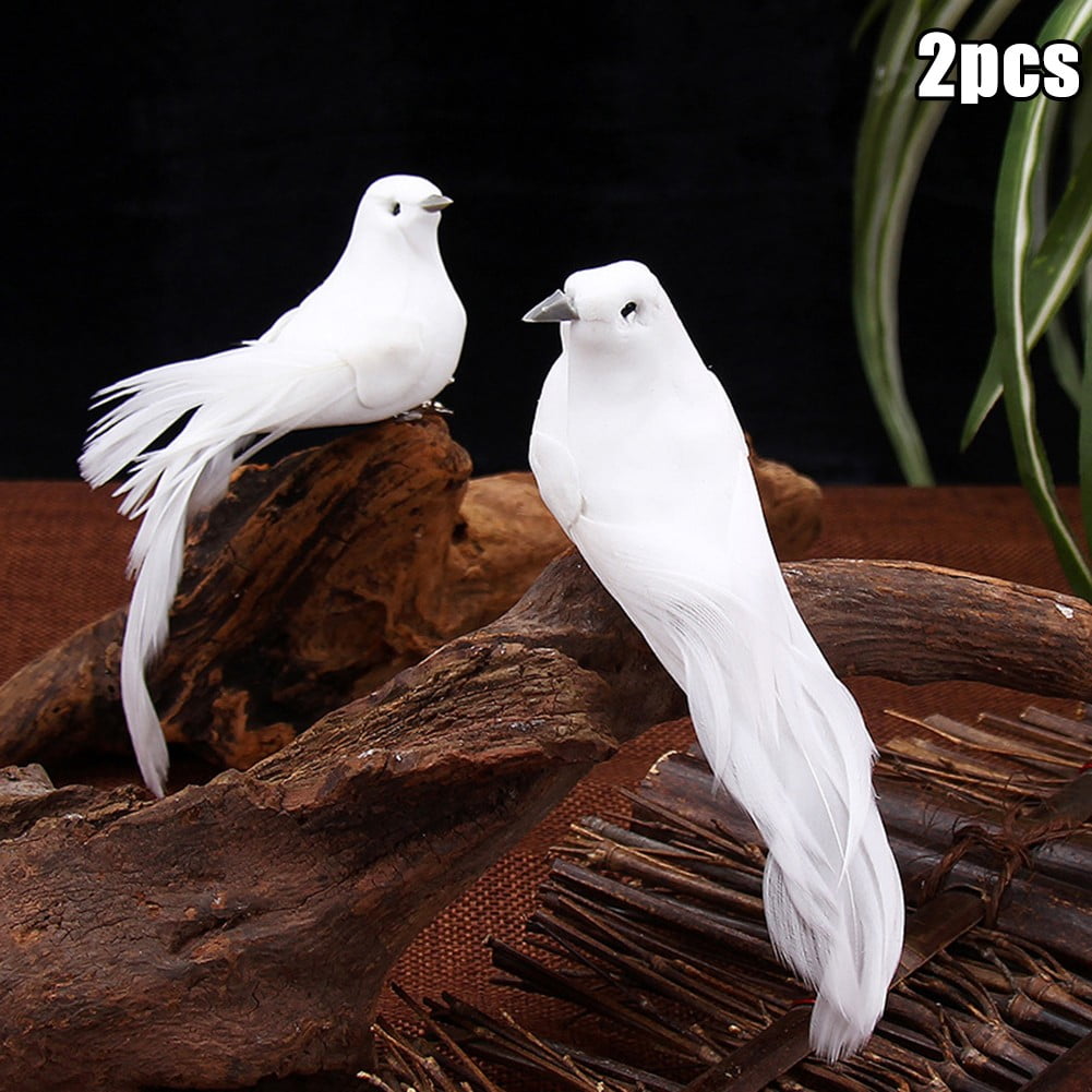 2 Pack Artificial White Doves Feathered Mini Birds Foam Birds with Clip ...