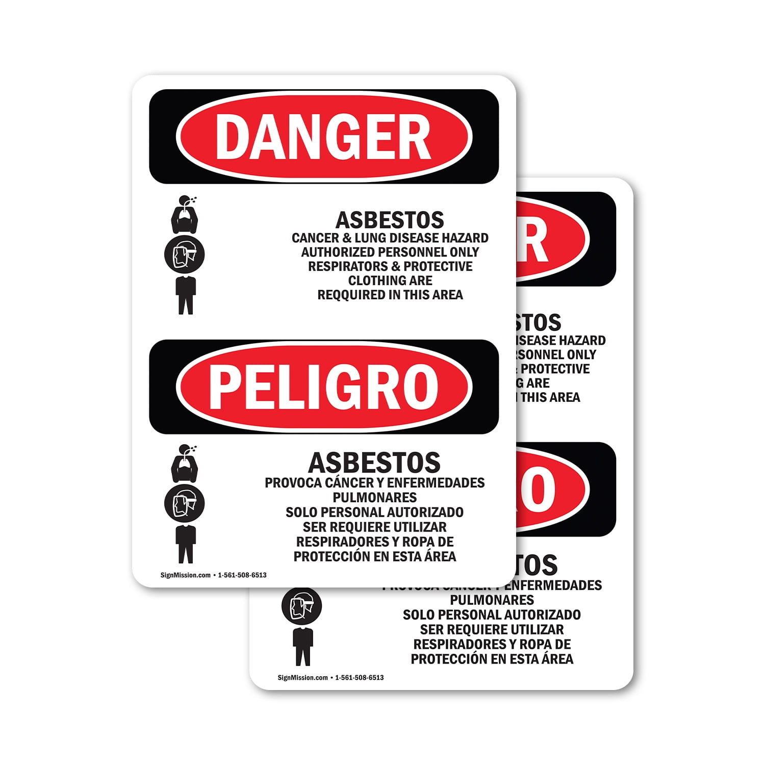 (2 Pack) Asbestos Cancer Lung Disease Bilingual OSHA Danger Sign ...