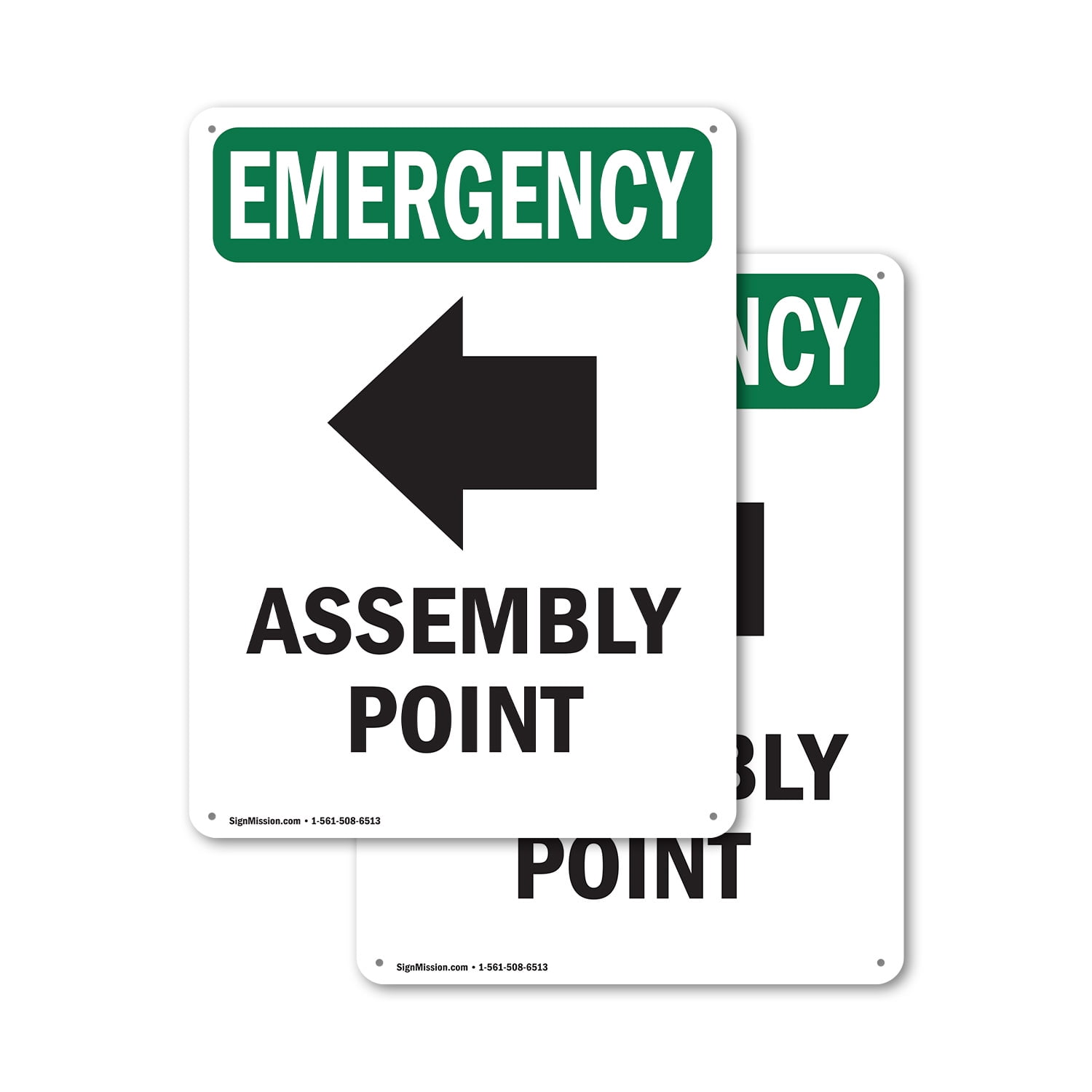 (2 Pack) Assembly Point [Left Arrow] With Symbol OSHA Emergency Sign 12 ...