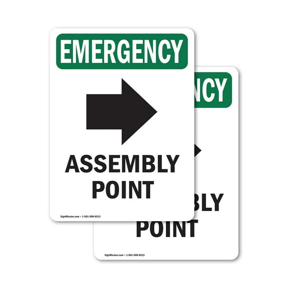 (2 Pack) Assembly Point [Right Arrow] With Symbol OSHA Emergency Sign ...