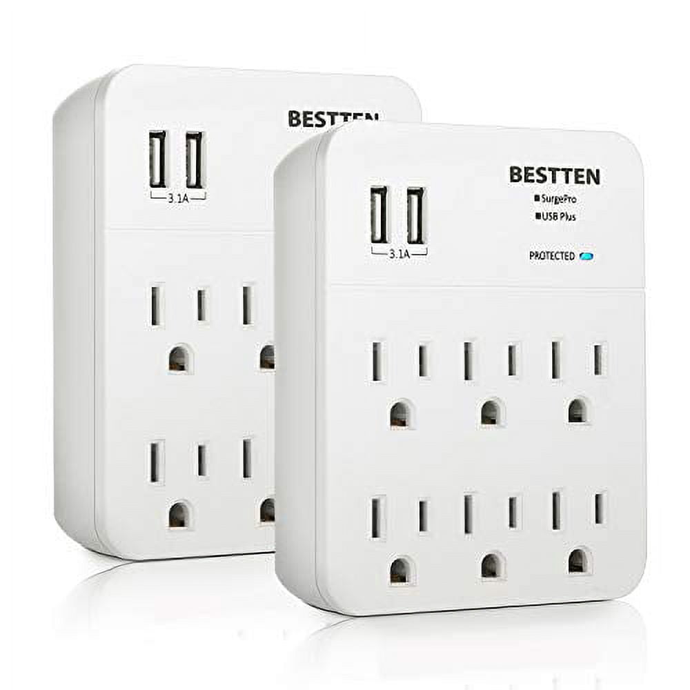 [2 Pack] BESTTEN 6-Outlet Wall Mount Surge Protector, 3.1A Dual USB ...
