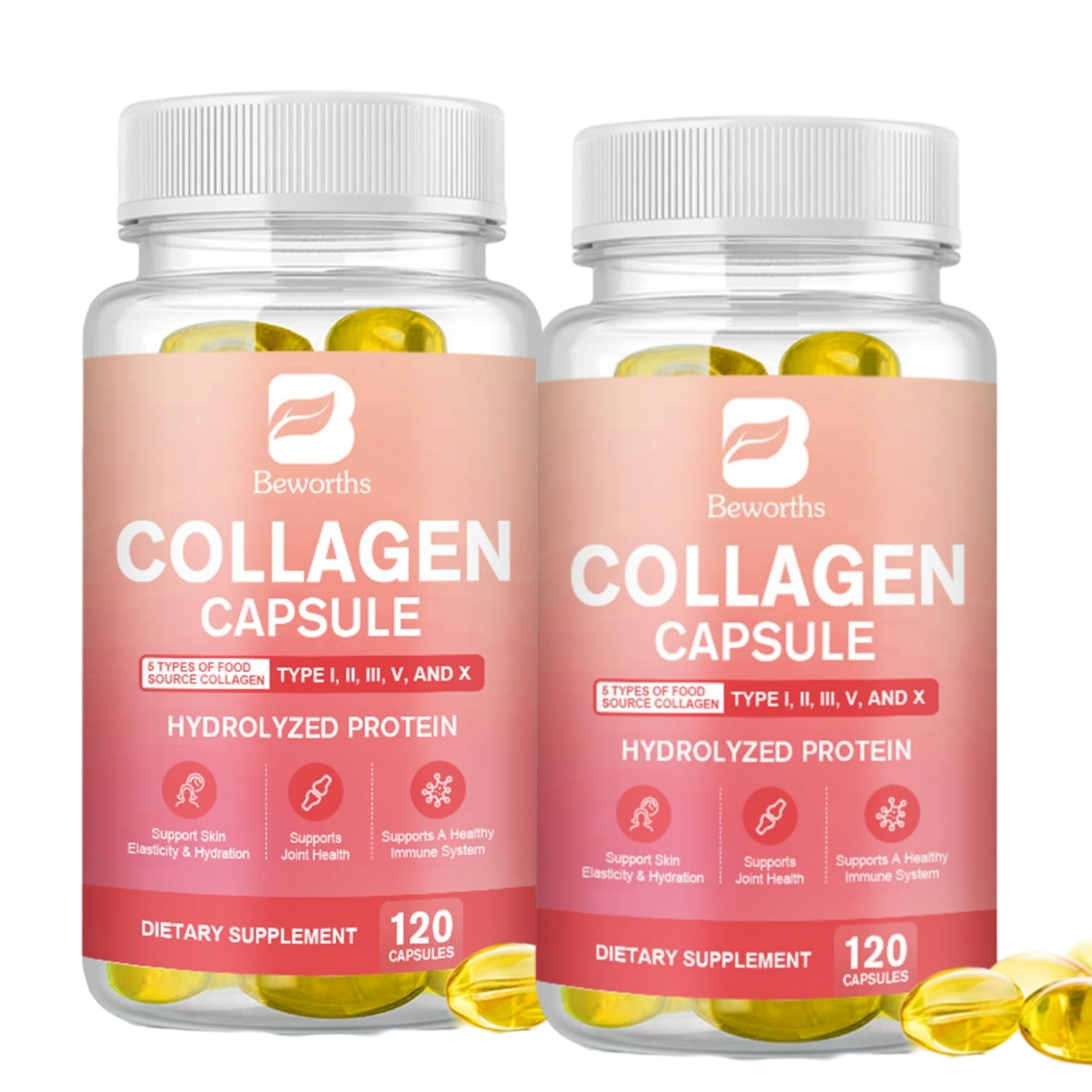 (2 Pack) BEWORTHS Collagen Capsules Type I, II, III, V & X Hydrolyzes ...