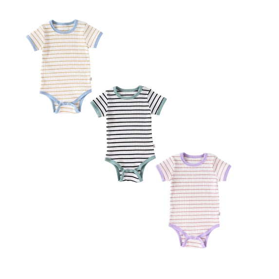 2 Pack Baby Ribbed Striped Short Sleeve Bodysuits, Contrast Color Trim ...
