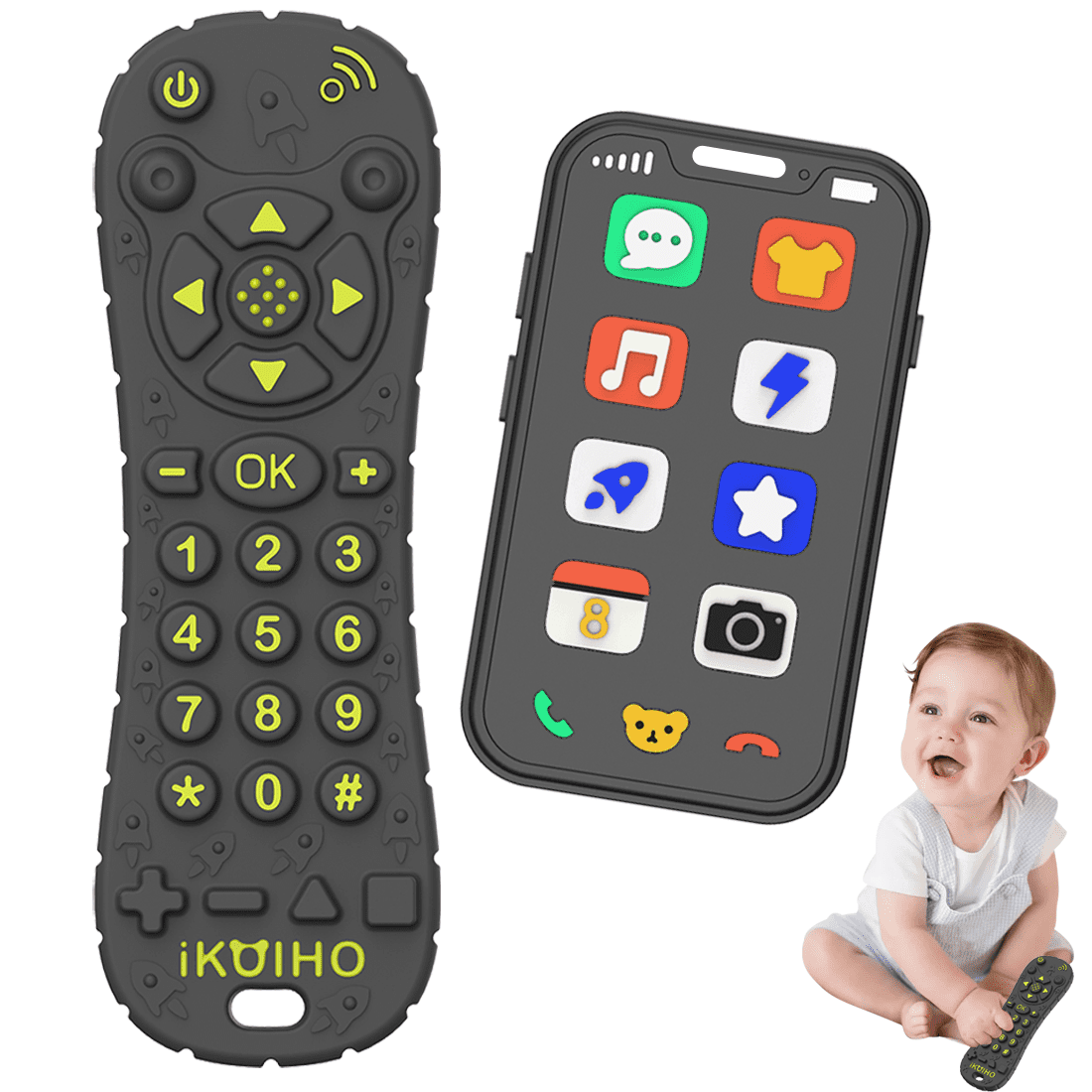 iKOIHO Baby Teether Toys, 2-Pack Silicone Remote Control and Phone ...