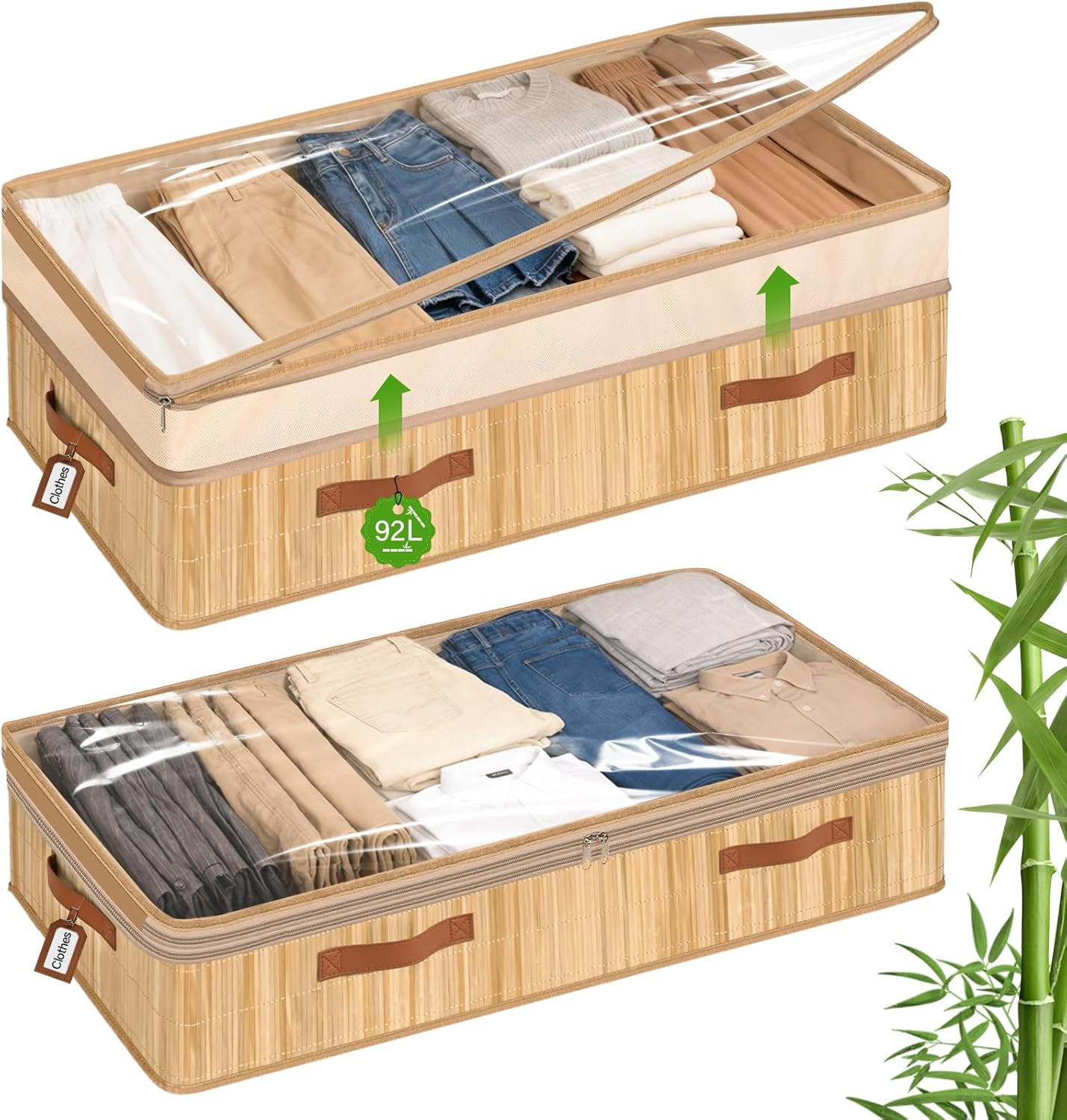 2 Pack Bamboo Under Bed Storage, 6-10 inches Height Adjustable Underbed ...