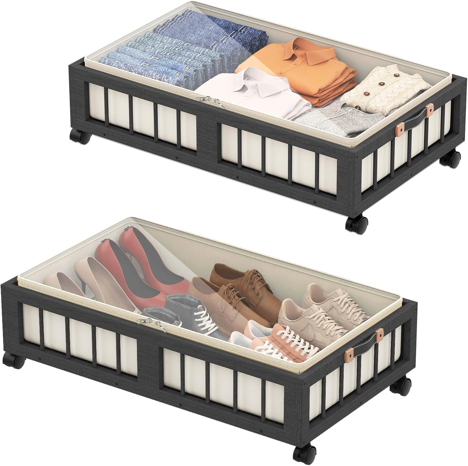 2-Pack Bamboo Under Bed Storage Containers with Wheels, Under Bed ...