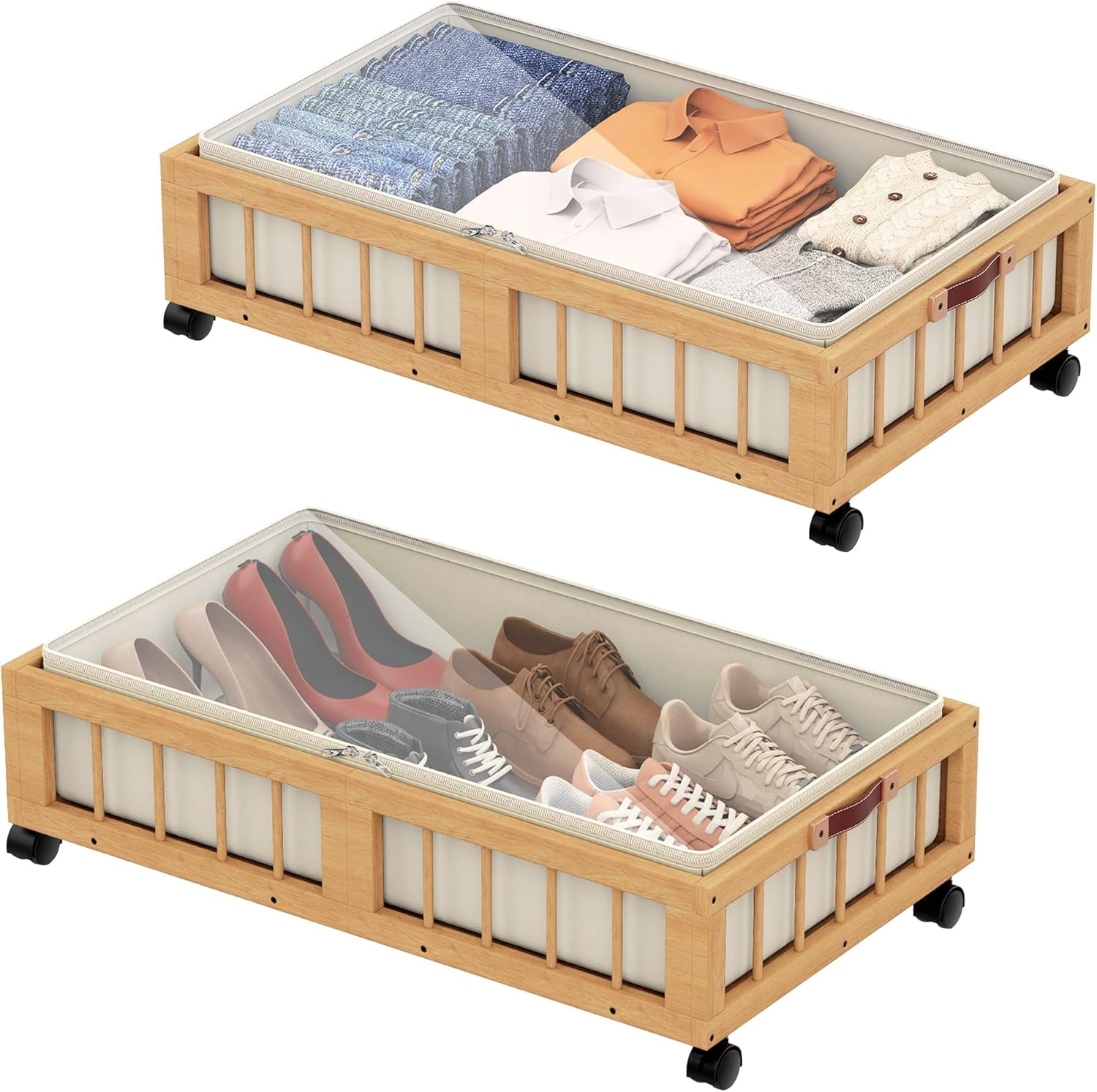 2-Pack Bamboo Under Bed Storage Containers with Wheels, Under Bed ...