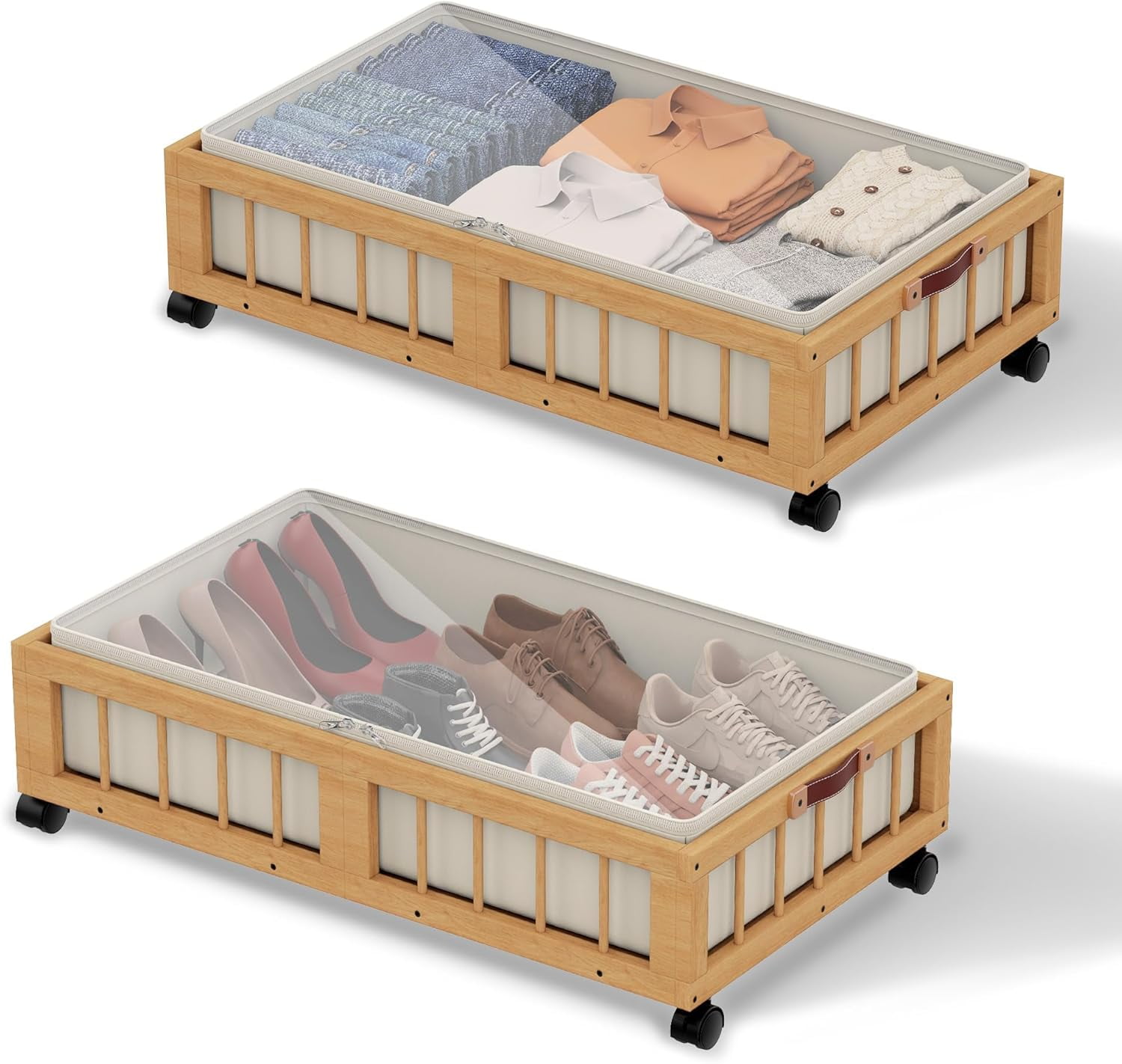 2-Pack Bamboo Under Bed Storage Containers with Wheels, Under Bed ...