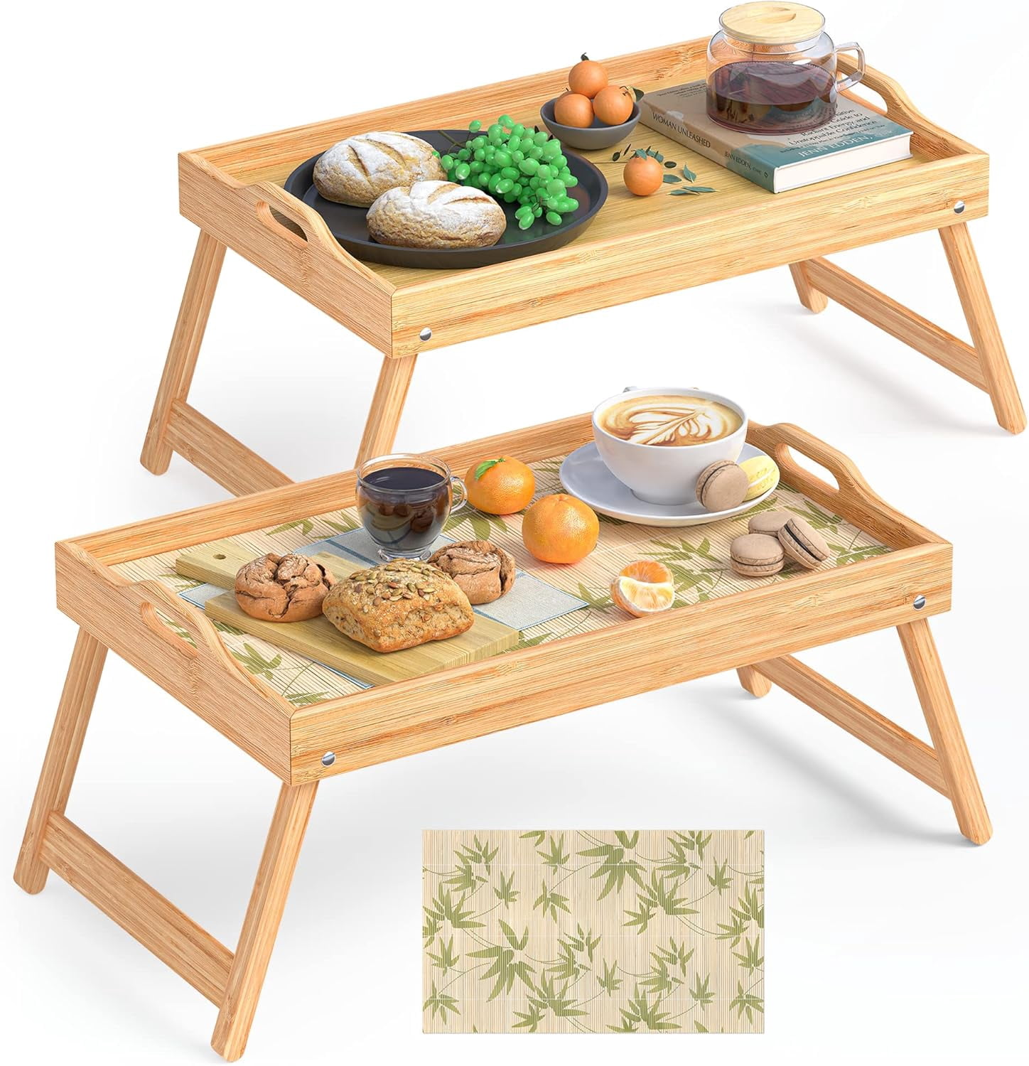 2 Pack Bamboo Bed Tray Table, Breakfast Tray w/Removable Bamboo Curtain ...