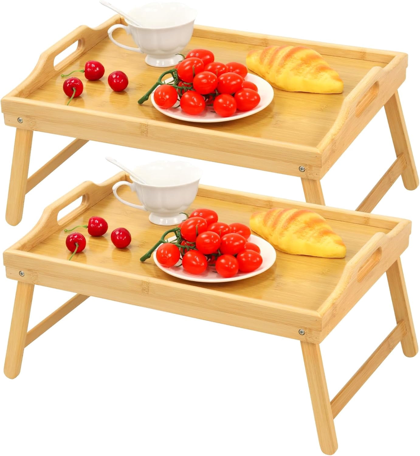 2 Pack Bamboo Bed Tray Table, Folding Legs and Handles, Breakfast Tray ...