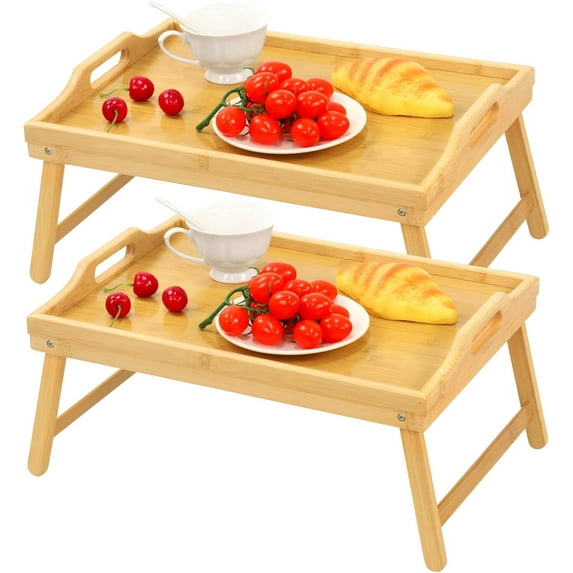 2 Pack Bamboo Bed Tray Table, Folding Legs and Handles, Breakfast Tray, Laptop Desk for Bed or ...