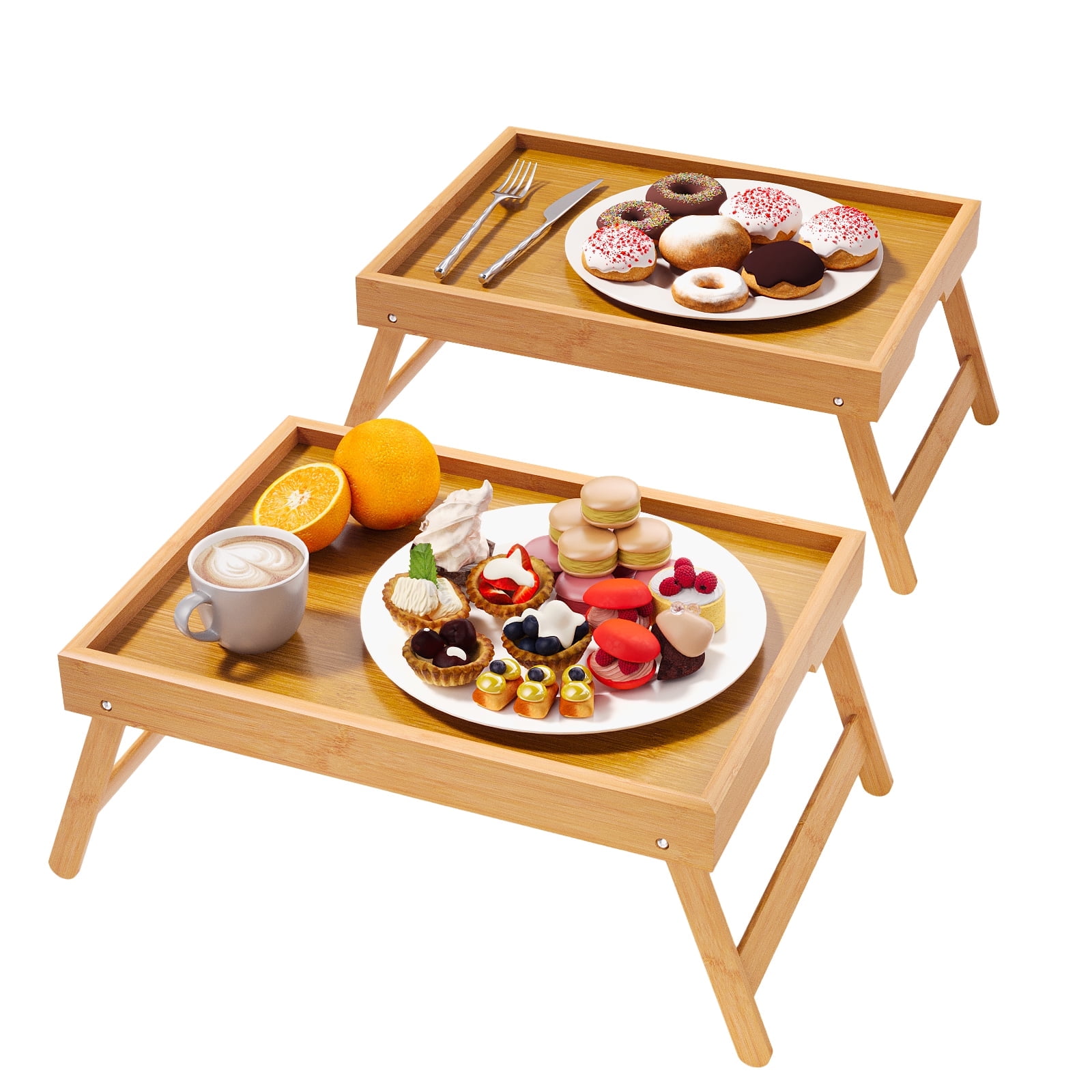 2 Pack Bamboo Bed Tray Table with Folding Legs,Breakfast Trays,Serving ...