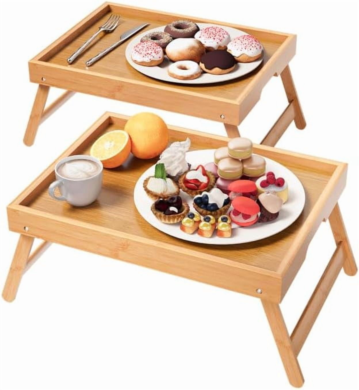 2 Pack Bamboo Bed Tray Table with Folding Legs,Breakfast Trays,Serving ...