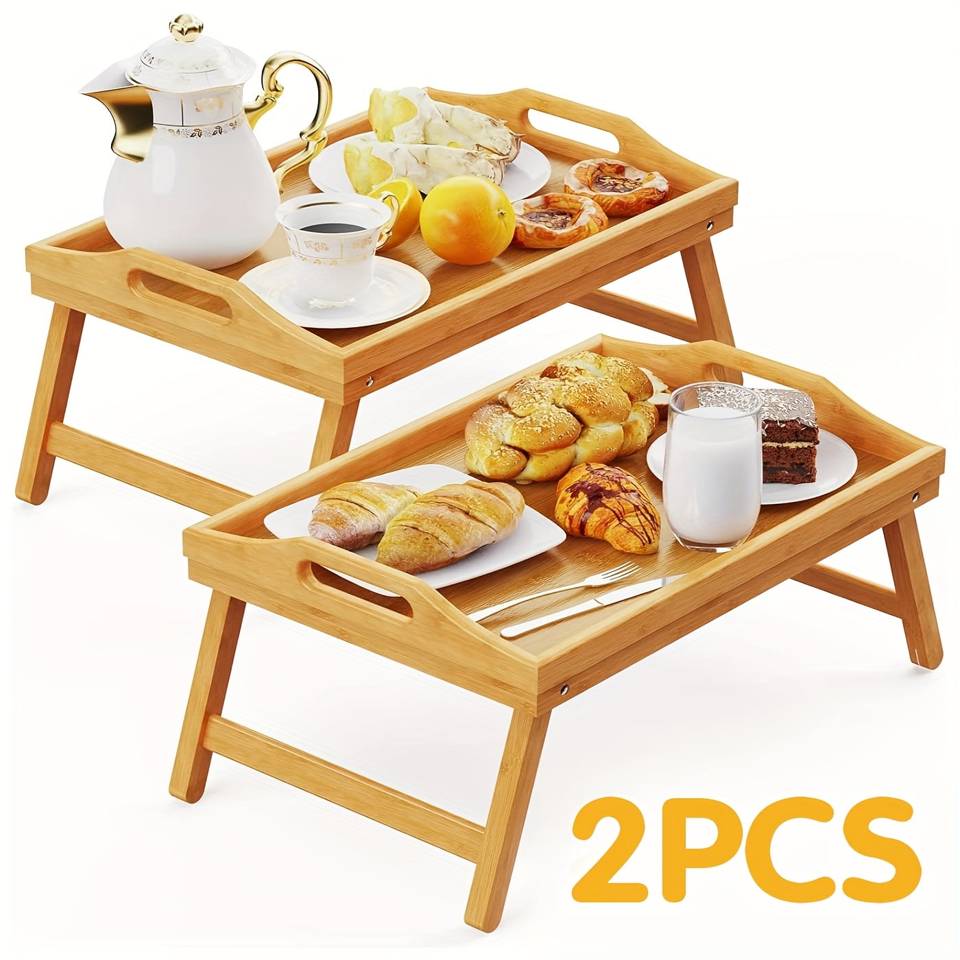 "2-Pack Bamboo Bed Trays w/Folding Legs - Extra Wide Food-Safe Serving ...