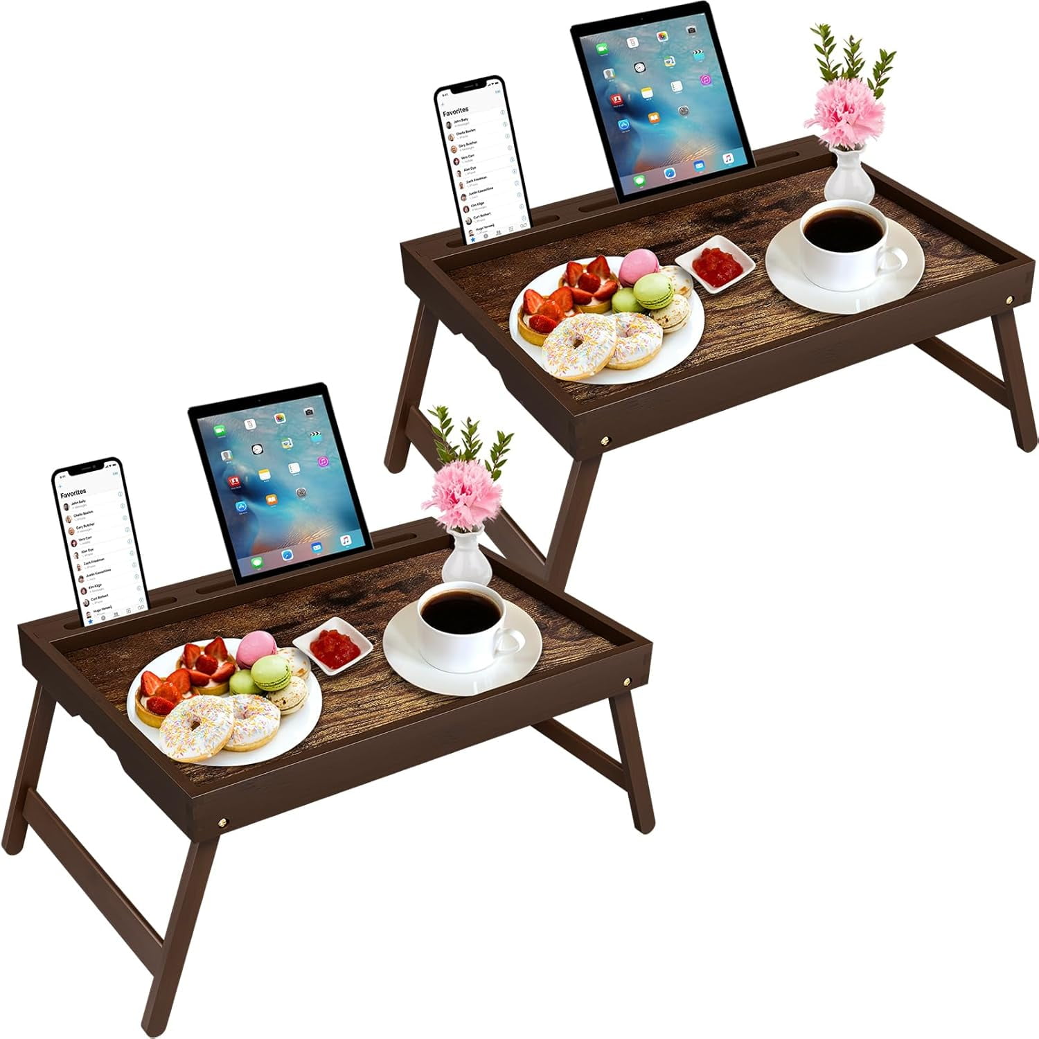 2 Pack Bamboo Breakfast Tray with Foldable Legs & Detachable Stand ...