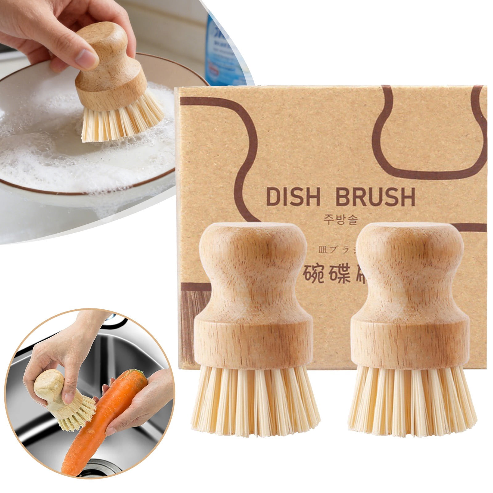 2 Pack Bamboo Dish Brush, Nylon Fiber, Ergonomic Bamboo Dish Scrubber ...