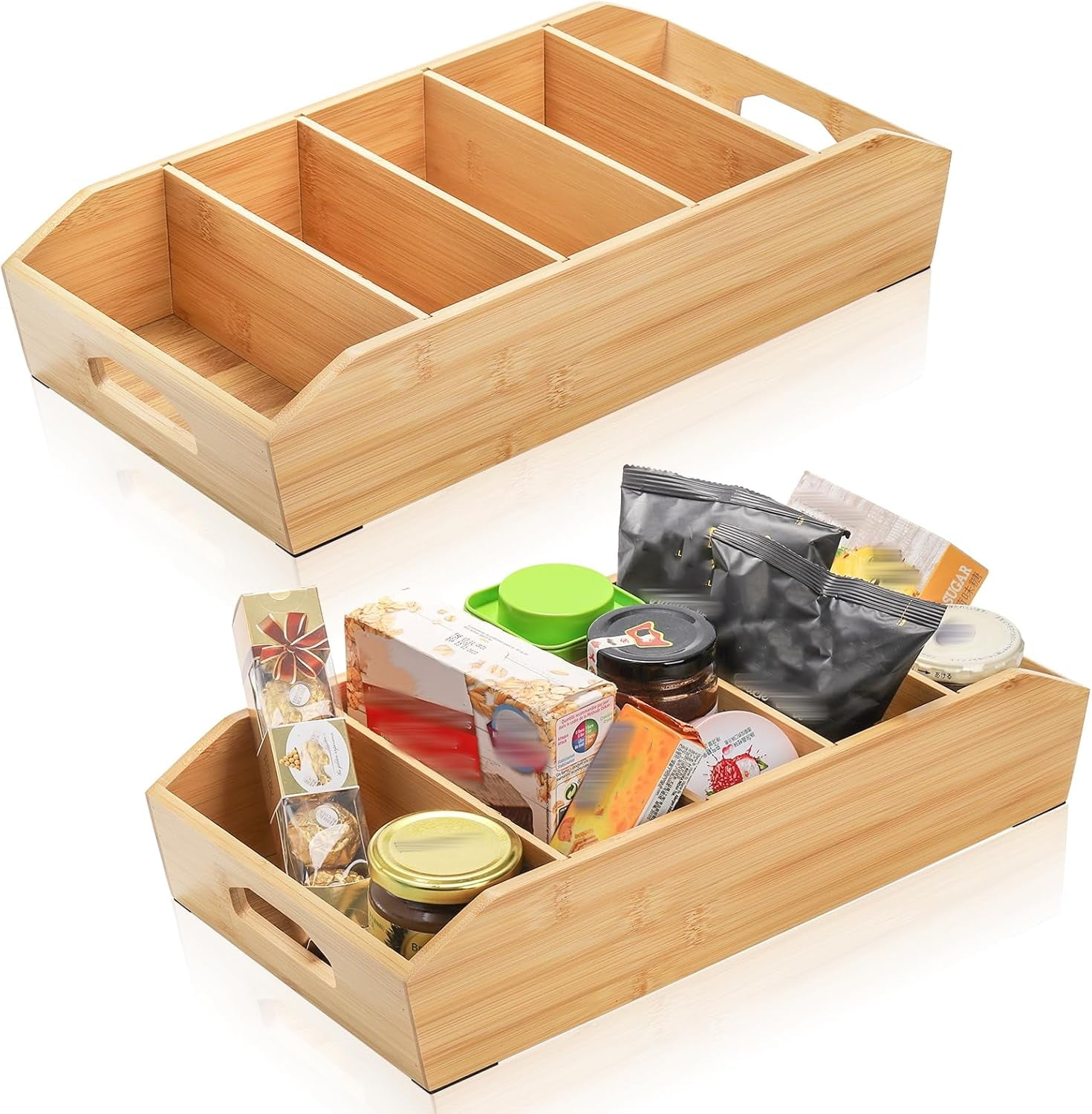 2 Pack Bamboo Pantry Organizers, Storage Bin with Removable Dividers ...