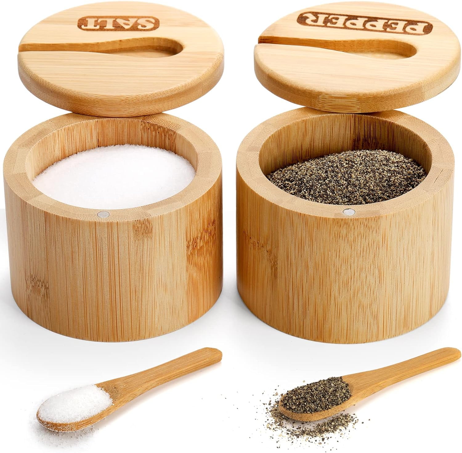 2 Pack Bamboo Salt and Pepper Bowls, Round Salt Container with Magnetic ...