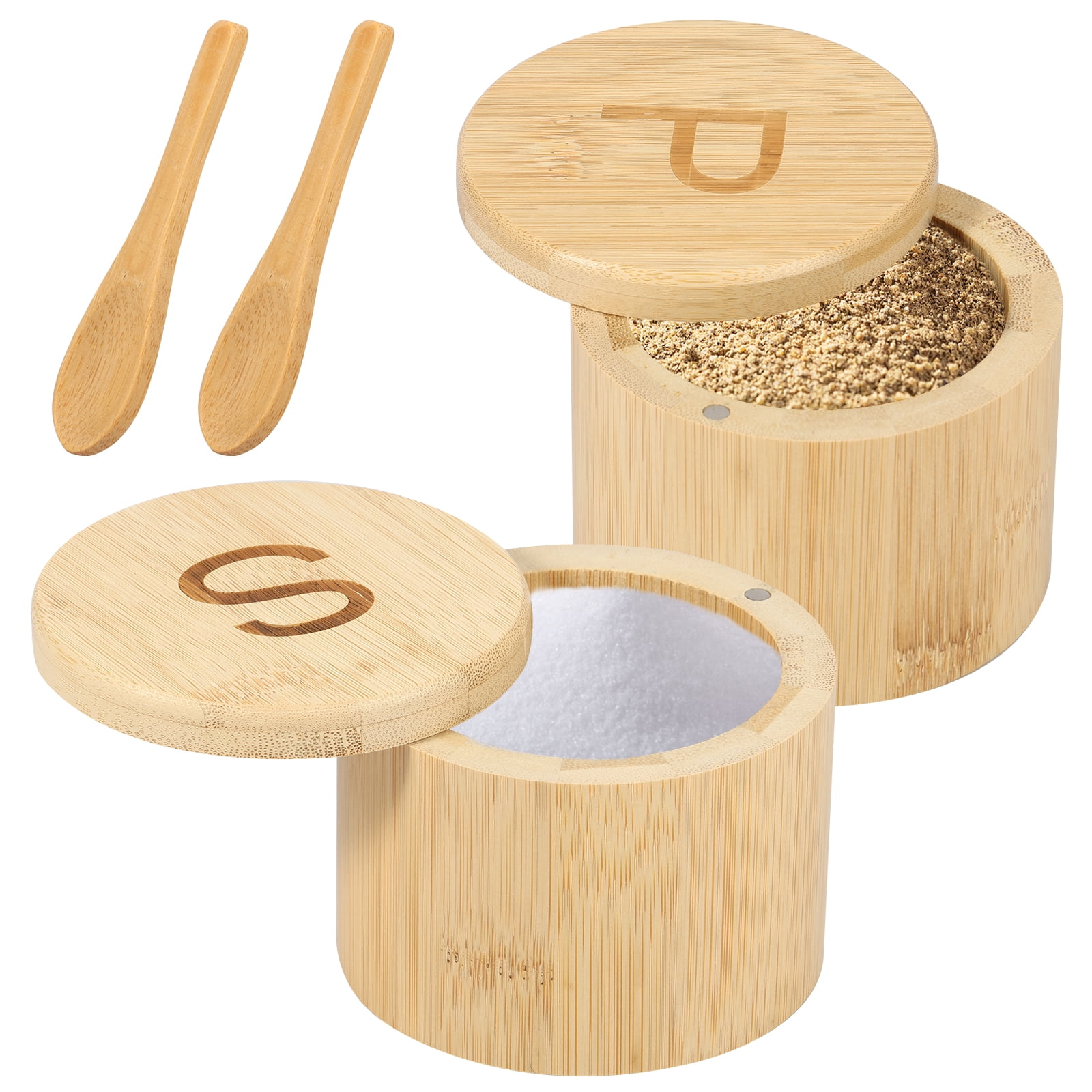 2 Pack Bamboo Salt and Pepper Holder Box with 2 Spoons,Spice Jars ...