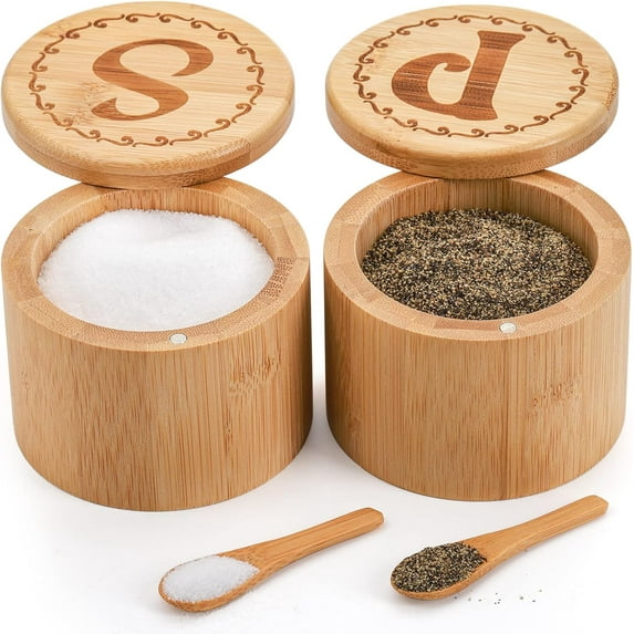 2 Pack Bamboo Salt and Pepper Holder Box with 2 Spoons, Spice Jars ...