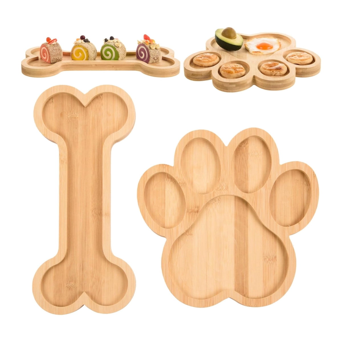 2 Pack Bamboo Serving Trays with Grooves Wooden Dog Paw Bone Shaped ...