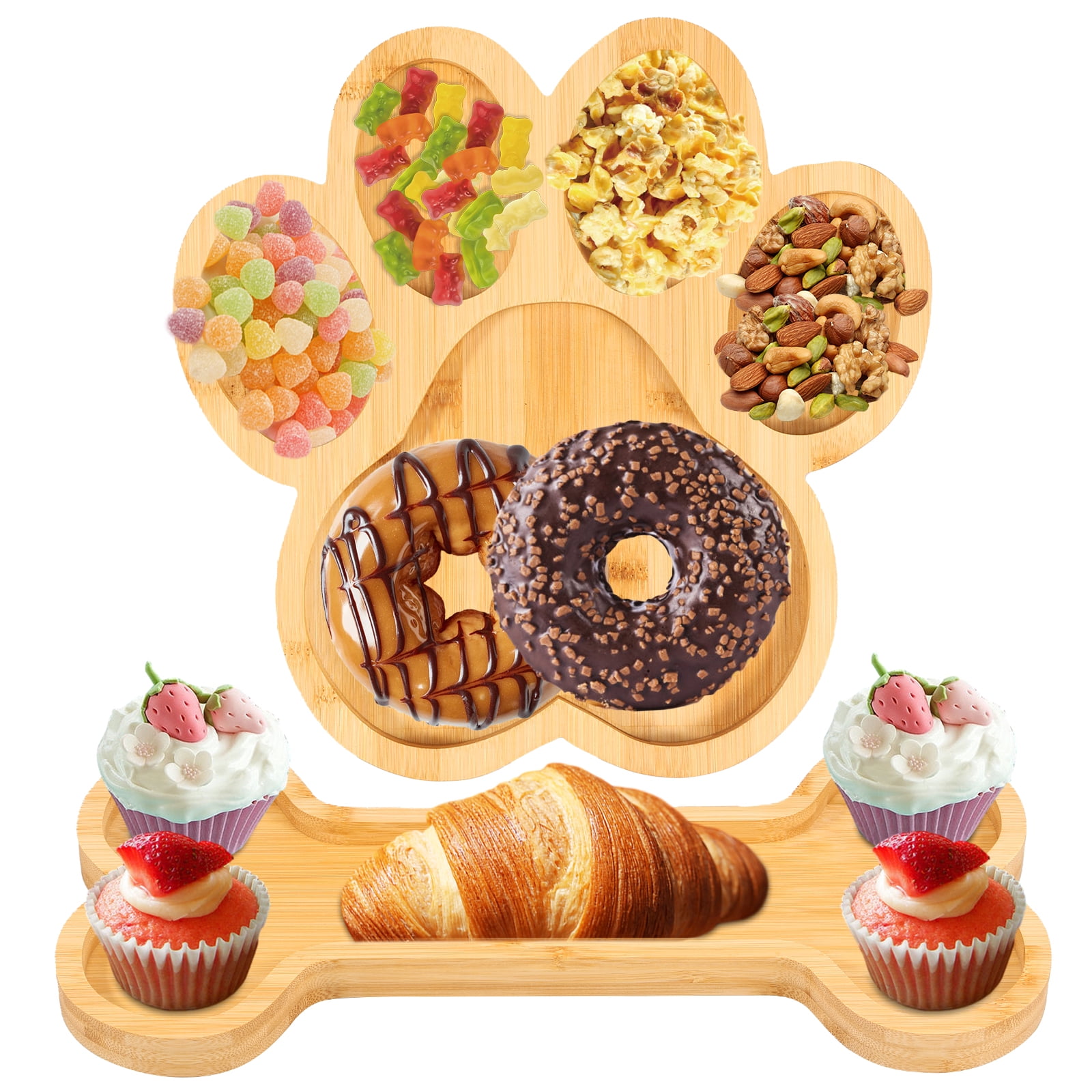 2 Pack Bamboo Serving Trays with Grooves Wooden Dog Paw Bone Shaped ...
