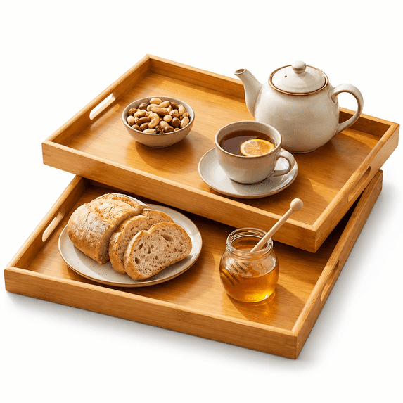 2-Pack Bamboo-Style Serving Trays with Handles, 16” & 13” Decorative ...