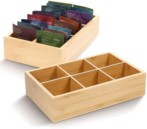 2 Pack Bamboo Tea Bag Organizer for Drawer, Wood Hot Tea Bag Box ...