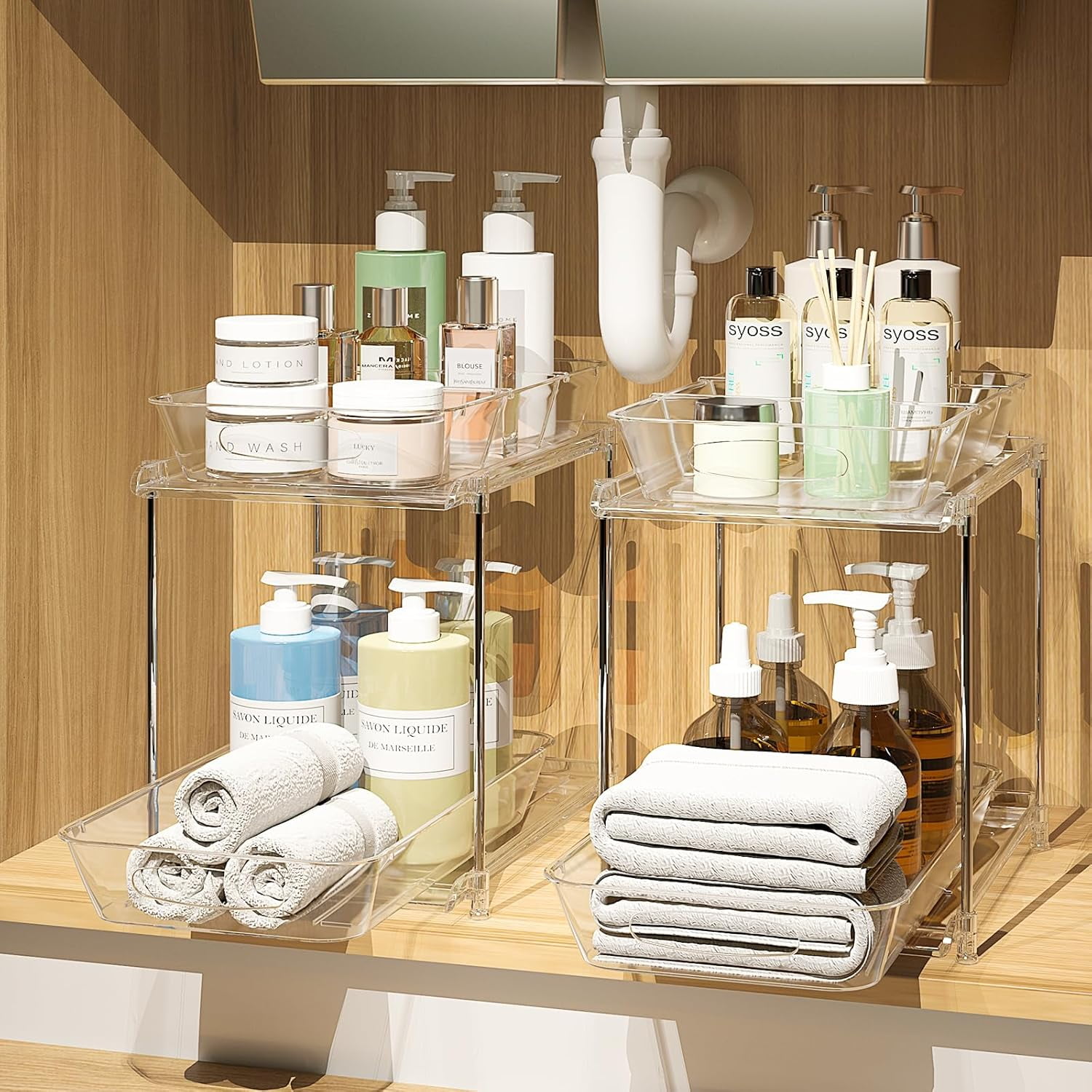 2 Pack Bathroom Cabinet Organizer, 2 Tier Clear Under Sink Organizers ...