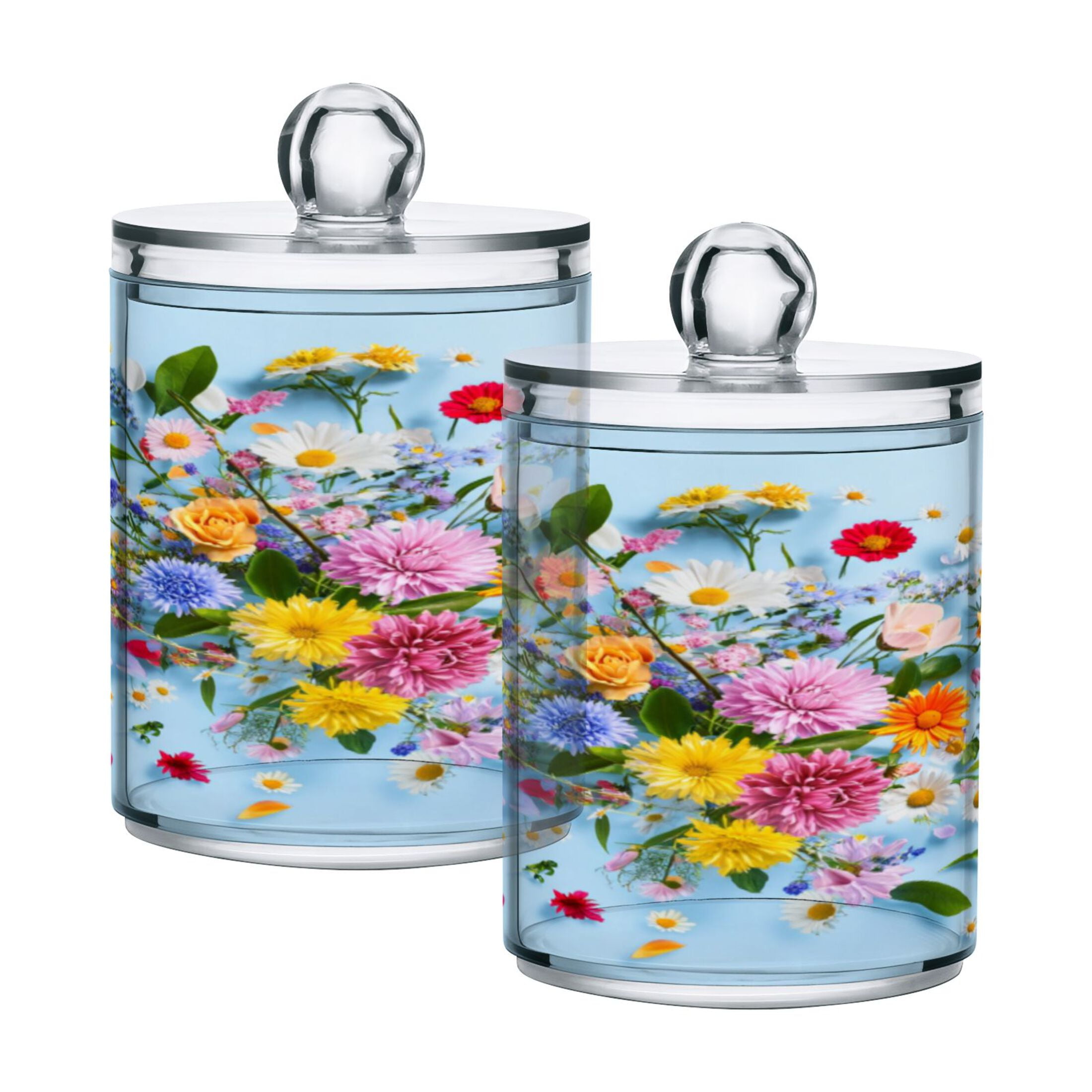 2 Pack Bathroom Canisters Transparent Storage Jar for Cotton Ball, Swab, Floss Blooming Colorful ...