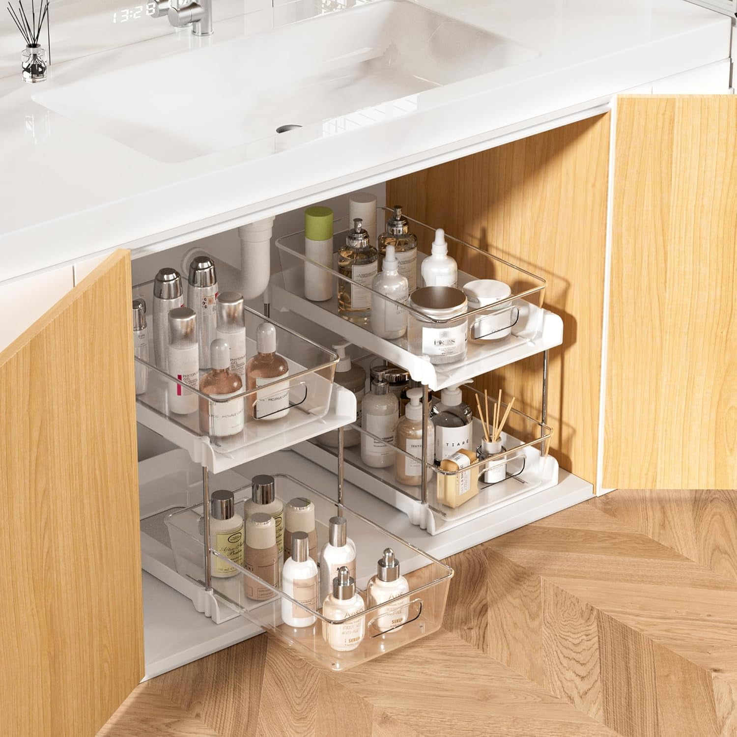 2 Pack Bathroom Organizer, 2 Tier White Under Sink Organizers Vanity ...
