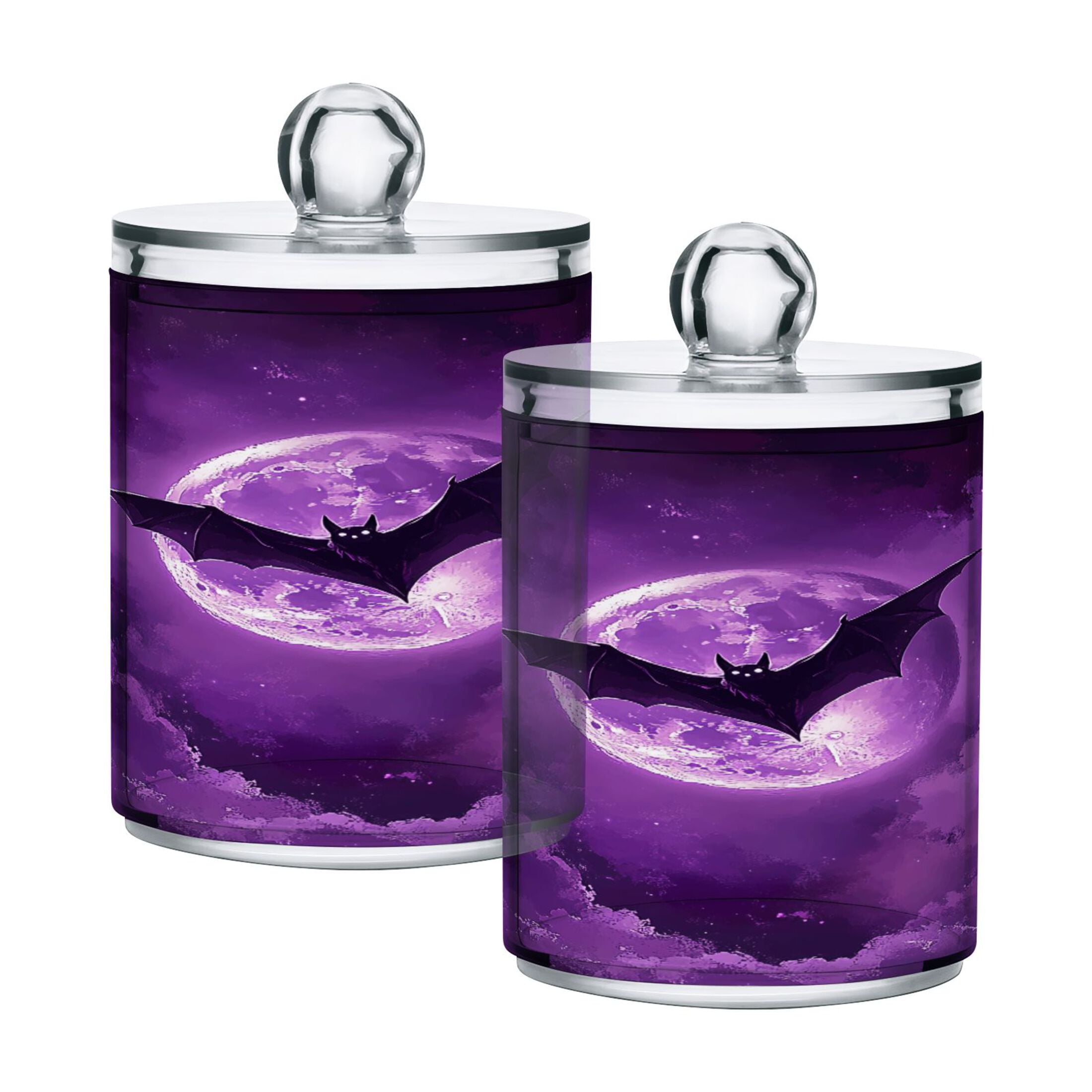 2 Pack Bats Flying in Moon Night Qtip Holder Dispenser Clear Plastic Storage Apothecary Jars for ...