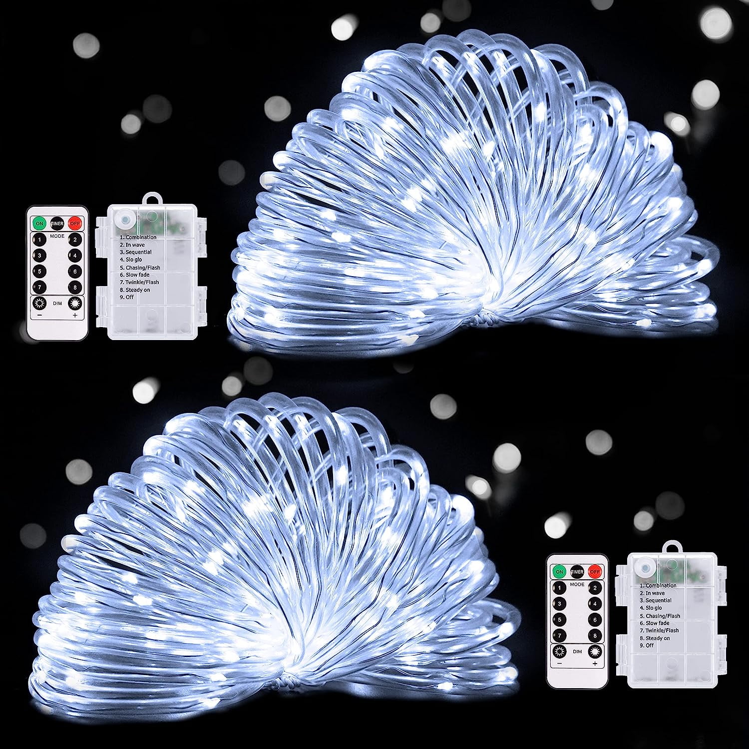 2 Pack Battery Operated LED Rope Lights, Clear White Tube Fairy String ...