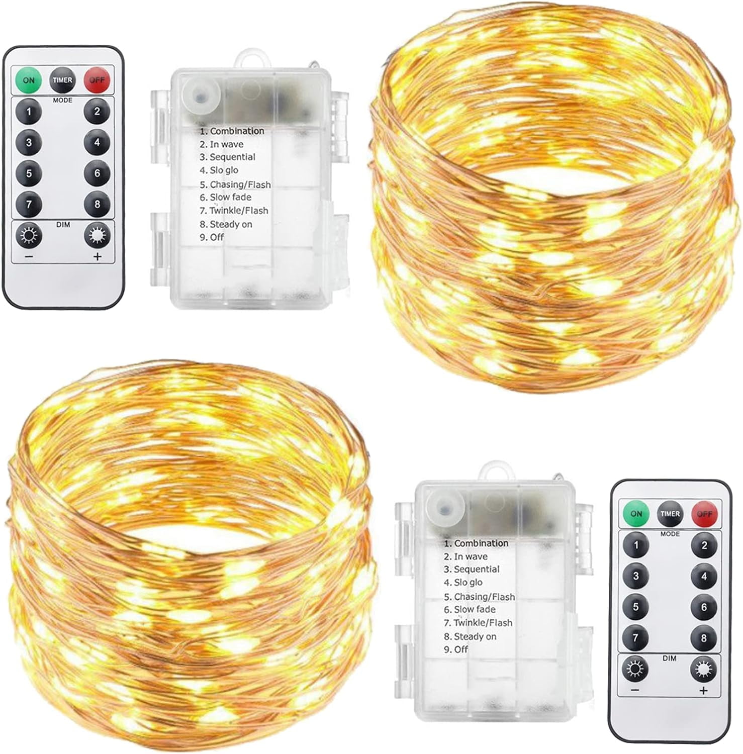 2 Pack Battery Operated LED String Lights with Remote, 16ft 8 Modes, 50 ...